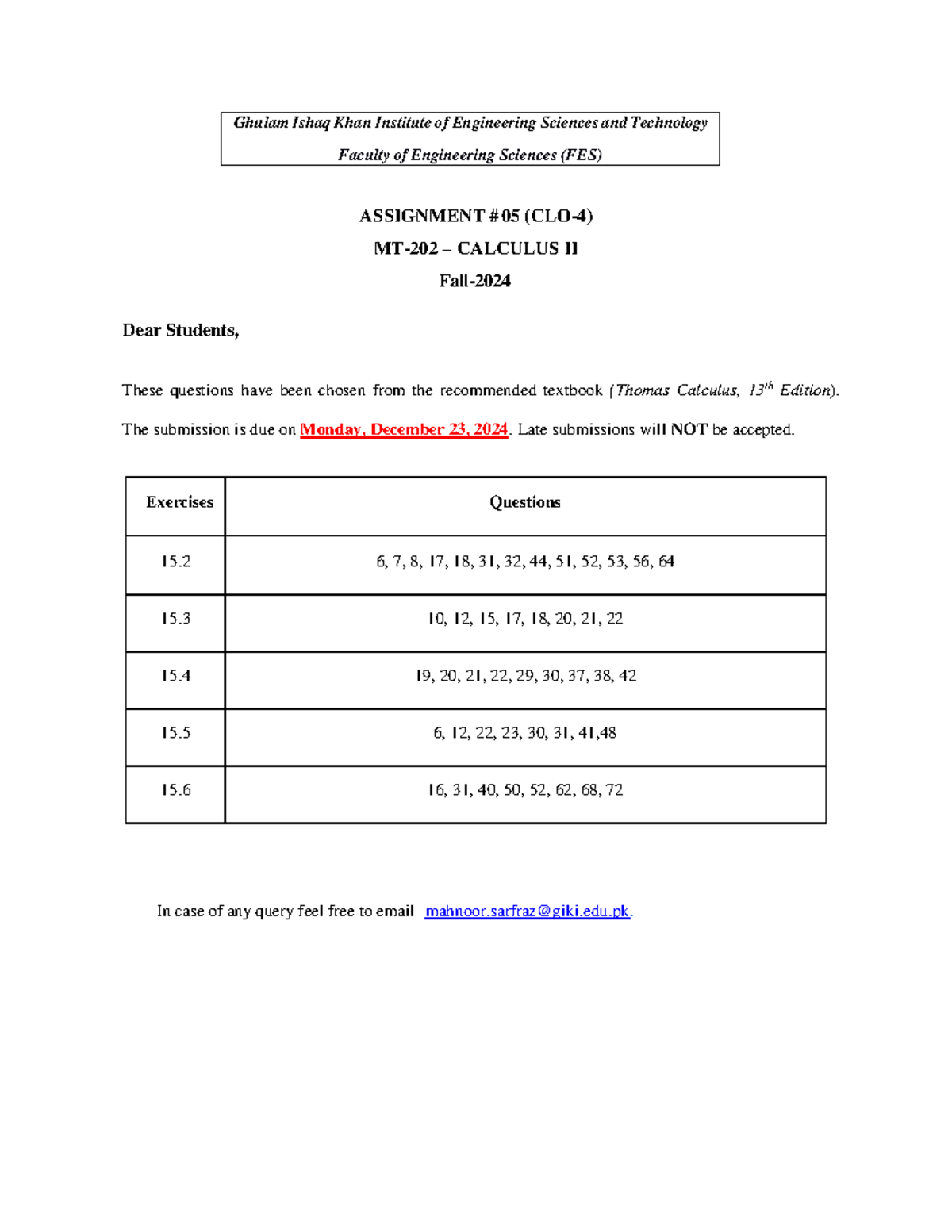 MT202 Calculus II Assignment 05 - Fall 2024 - Studocu