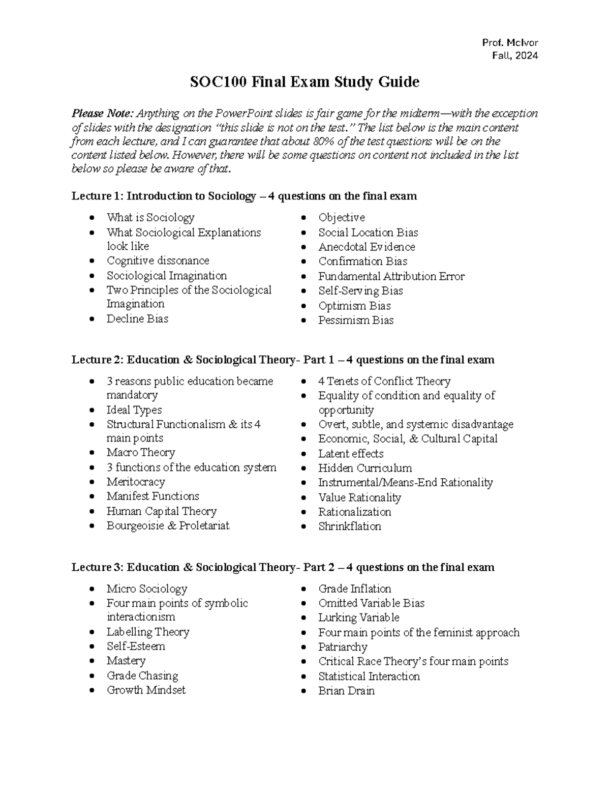 SOC100 Final Exam Comprehensive Study Guide - Fall 2024 - Studocu