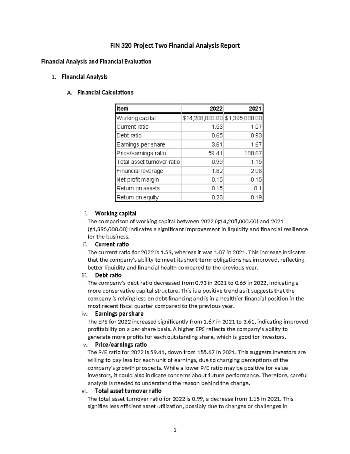 FIN 320 Project Two Financial Analysis Report - Financial Analysis A ...