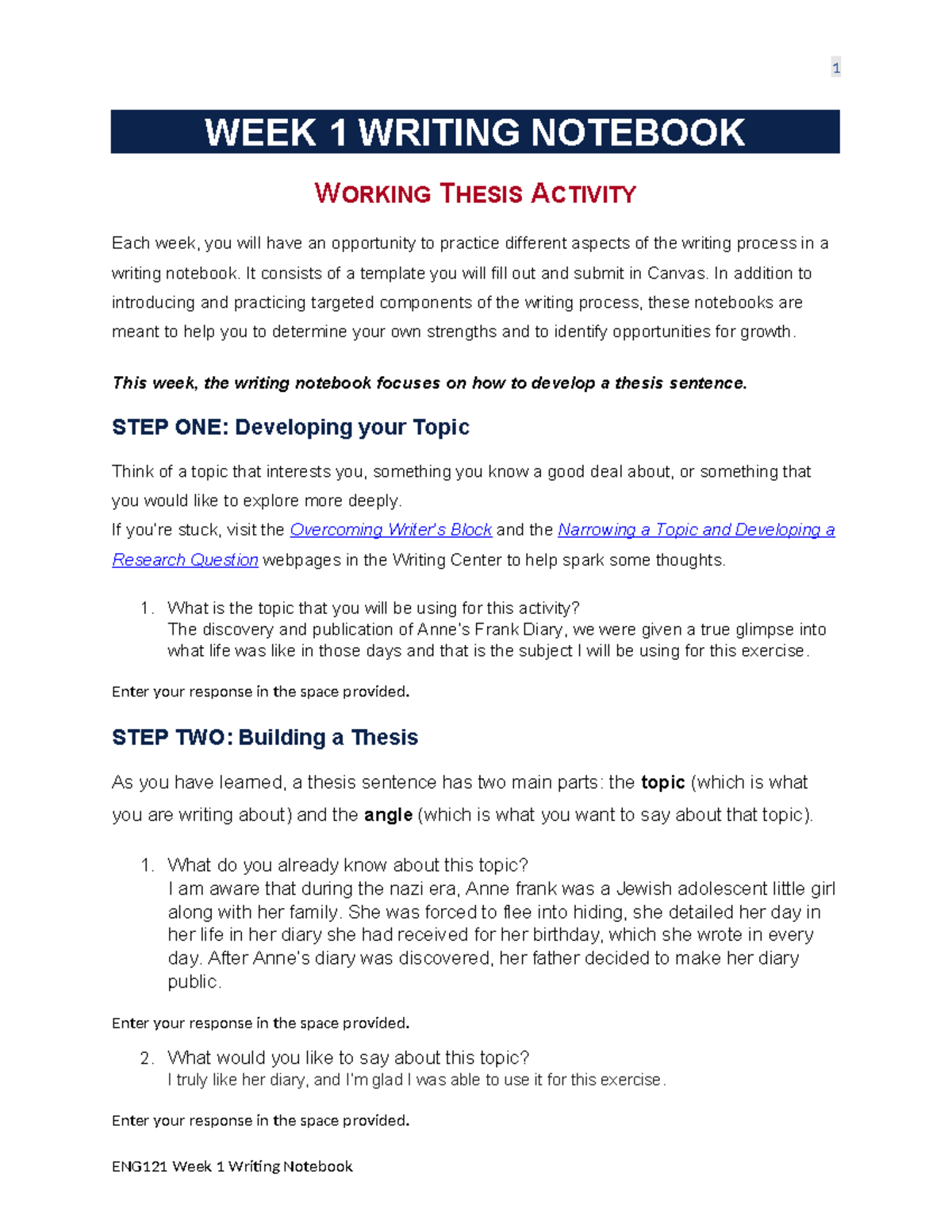 Week 1 Writing Notebook Template (1) finshed - 1 WEEK 1 WRITING ...