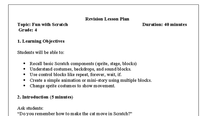 Grade 4 Scratch Lesson Plan: Fun with Animation & Sounds - Studocu