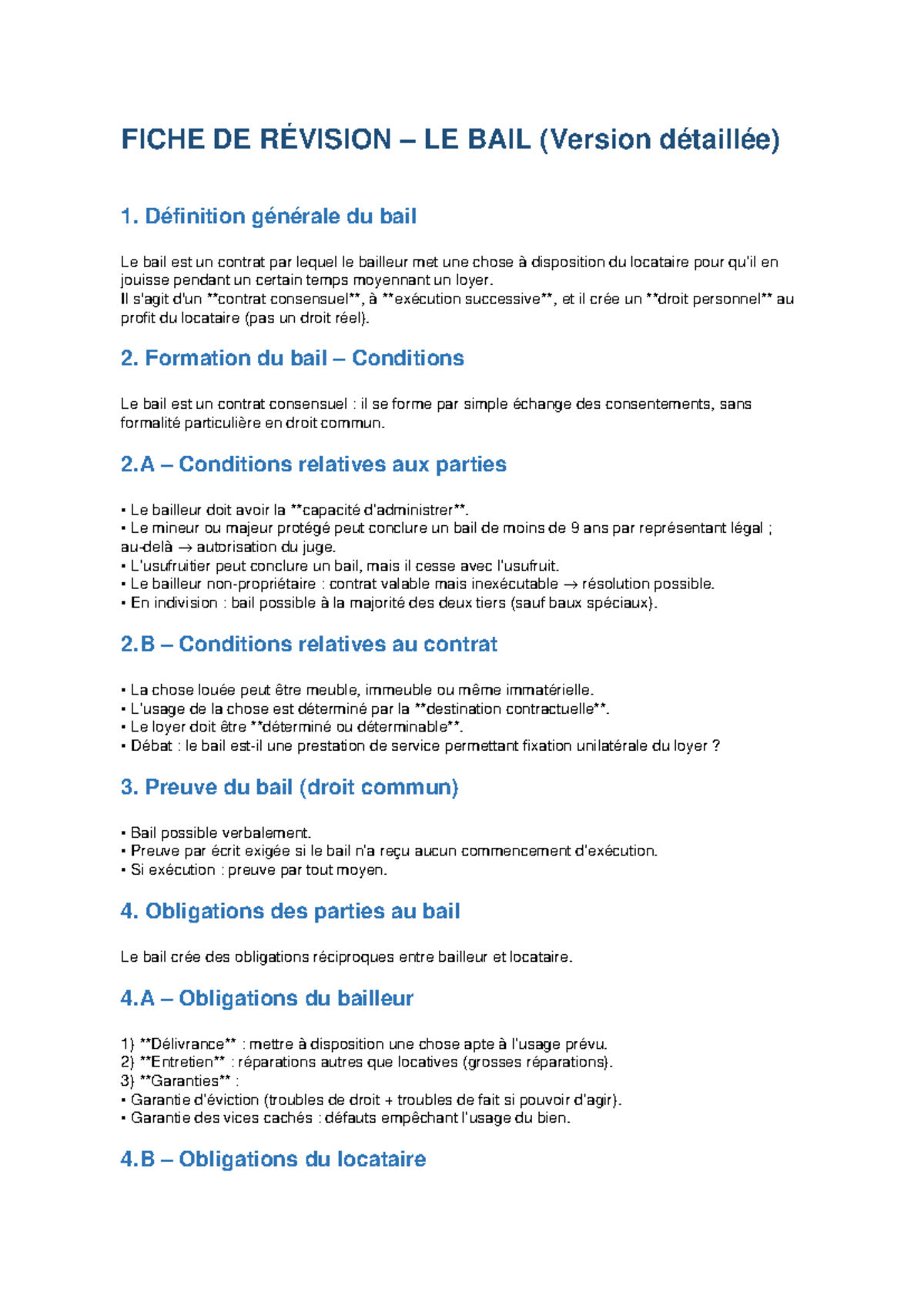 FICHE DE RÉVISION LE BAIL (Détails et Obligations) - Studocu