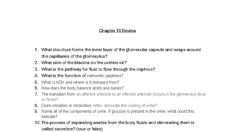 Urinary System Review: Key Concepts & Functions (Chapter 16) - Studocu