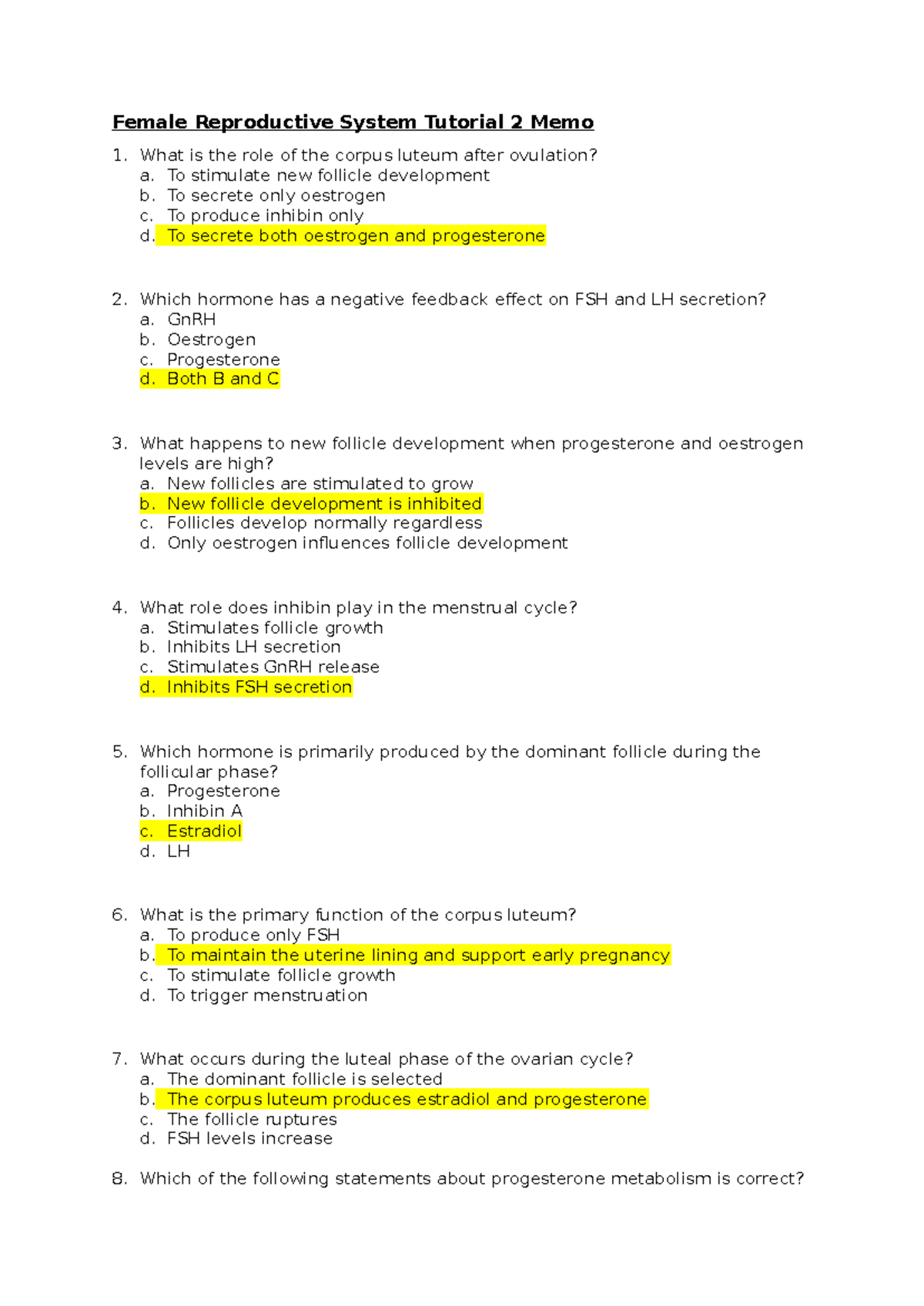 Female Reproductive System Tutorial 2 Memo: Key Concepts and Questions ...