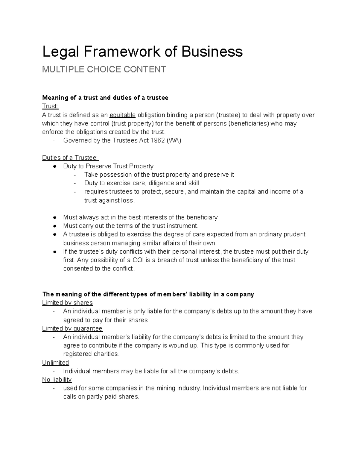 Legal Test 2 MCQ: Trusts, Duties & Company Law Principles - Studocu