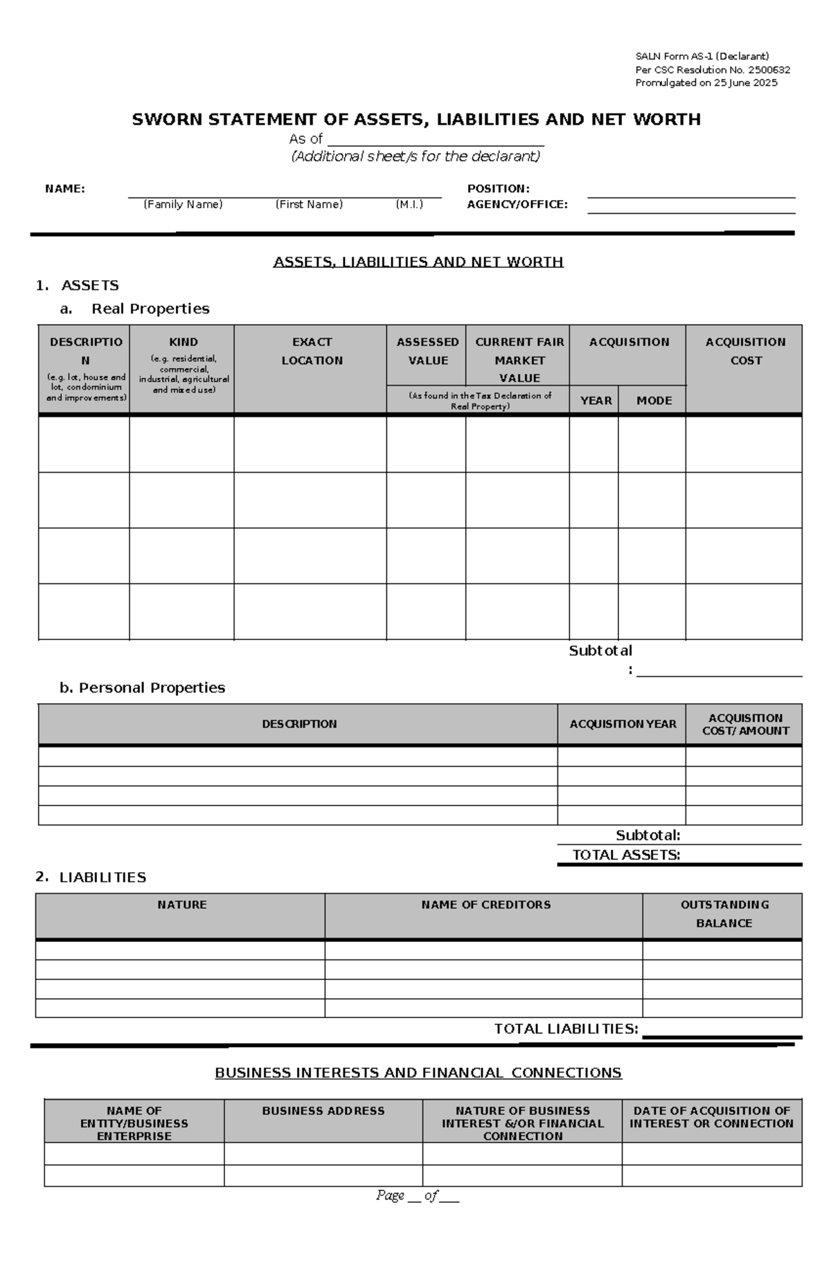 2025-SALN Form for Declarant: Assets, Liabilities & Net Worth - Studocu