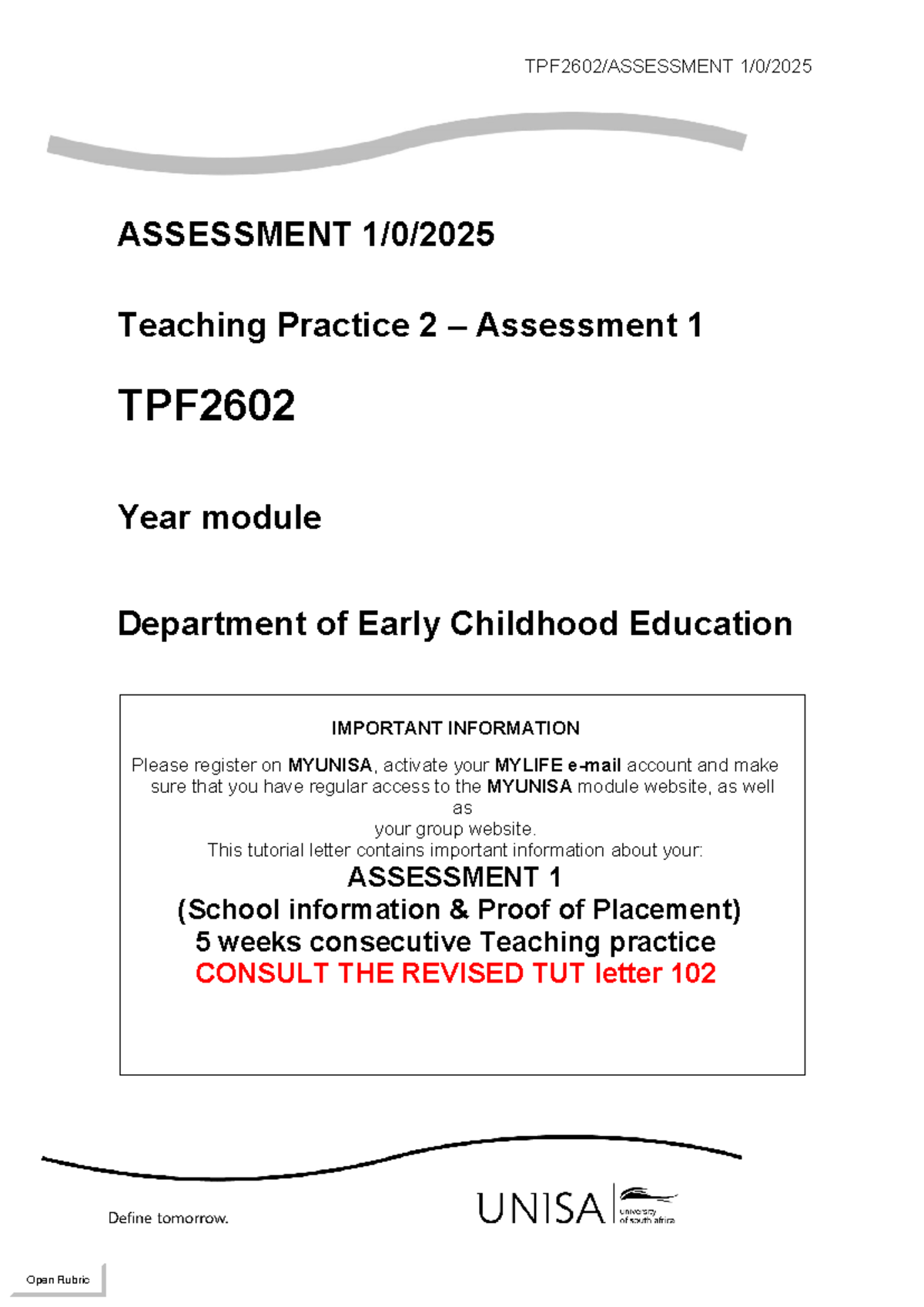 TPF2602 Teaching Practice Assessment 1 - Placement & Requirements - Studocu