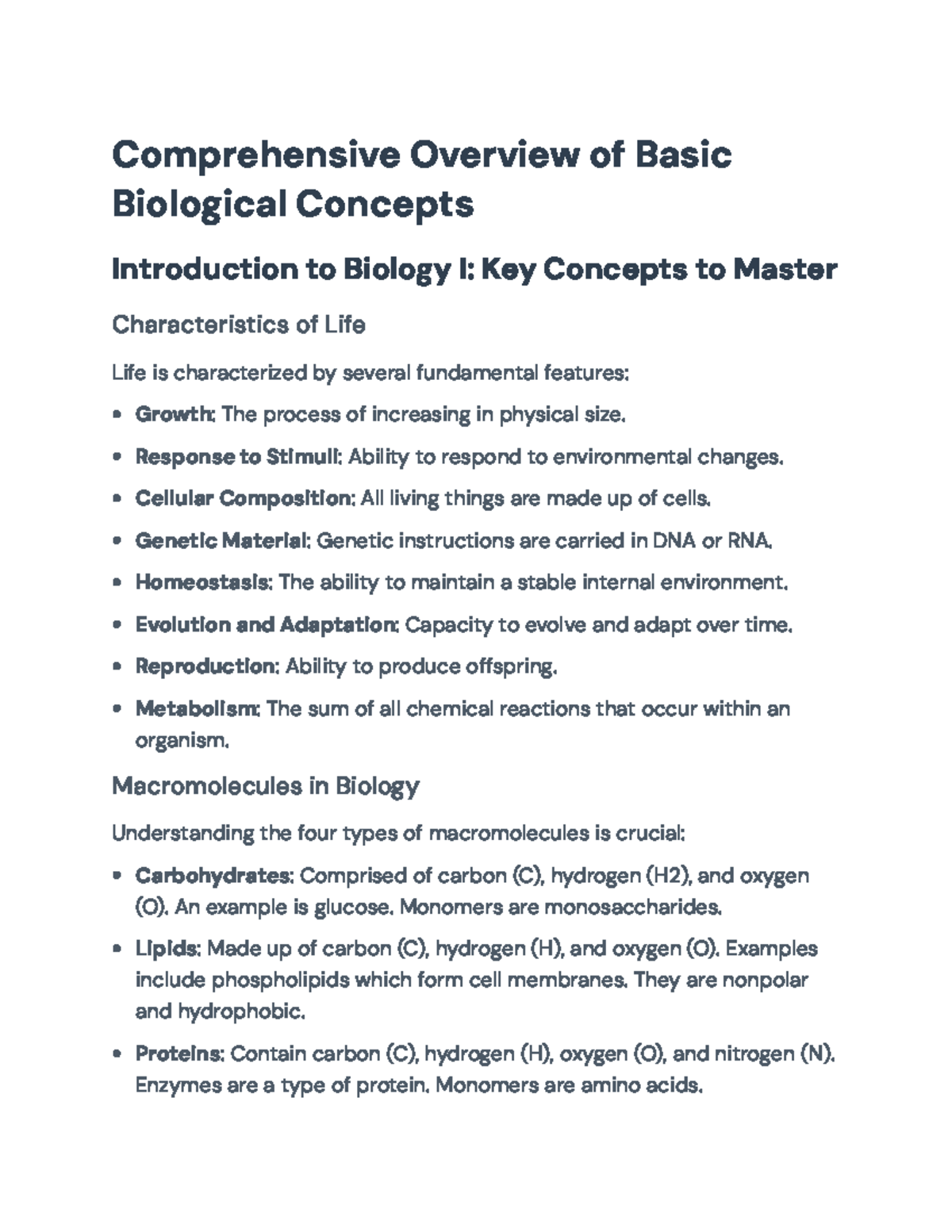 Comprehensive Overview of Basic Biological Concepts - Intro to Bio I ...
