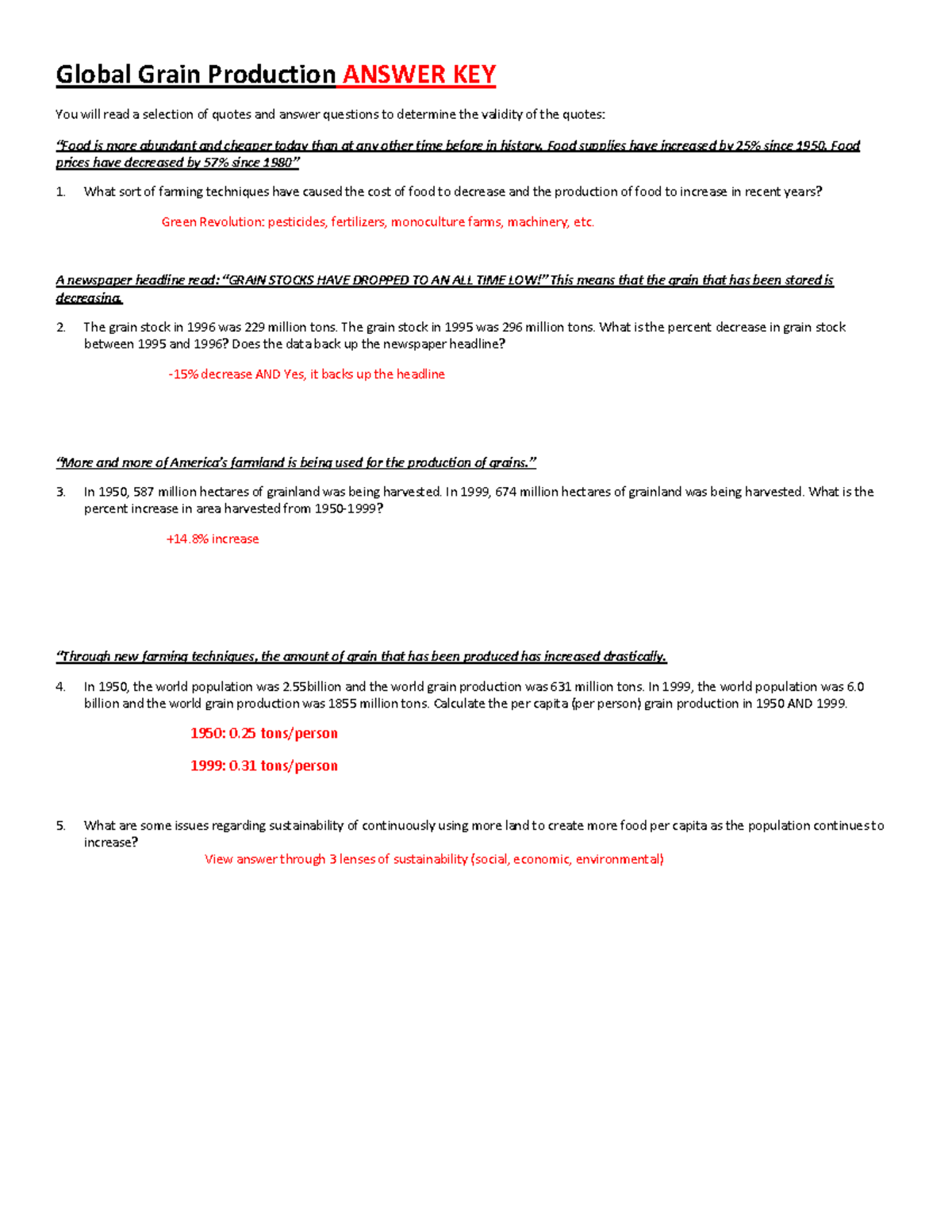 Global Grain Production (Course Code) - Answer Key Insights - Studocu