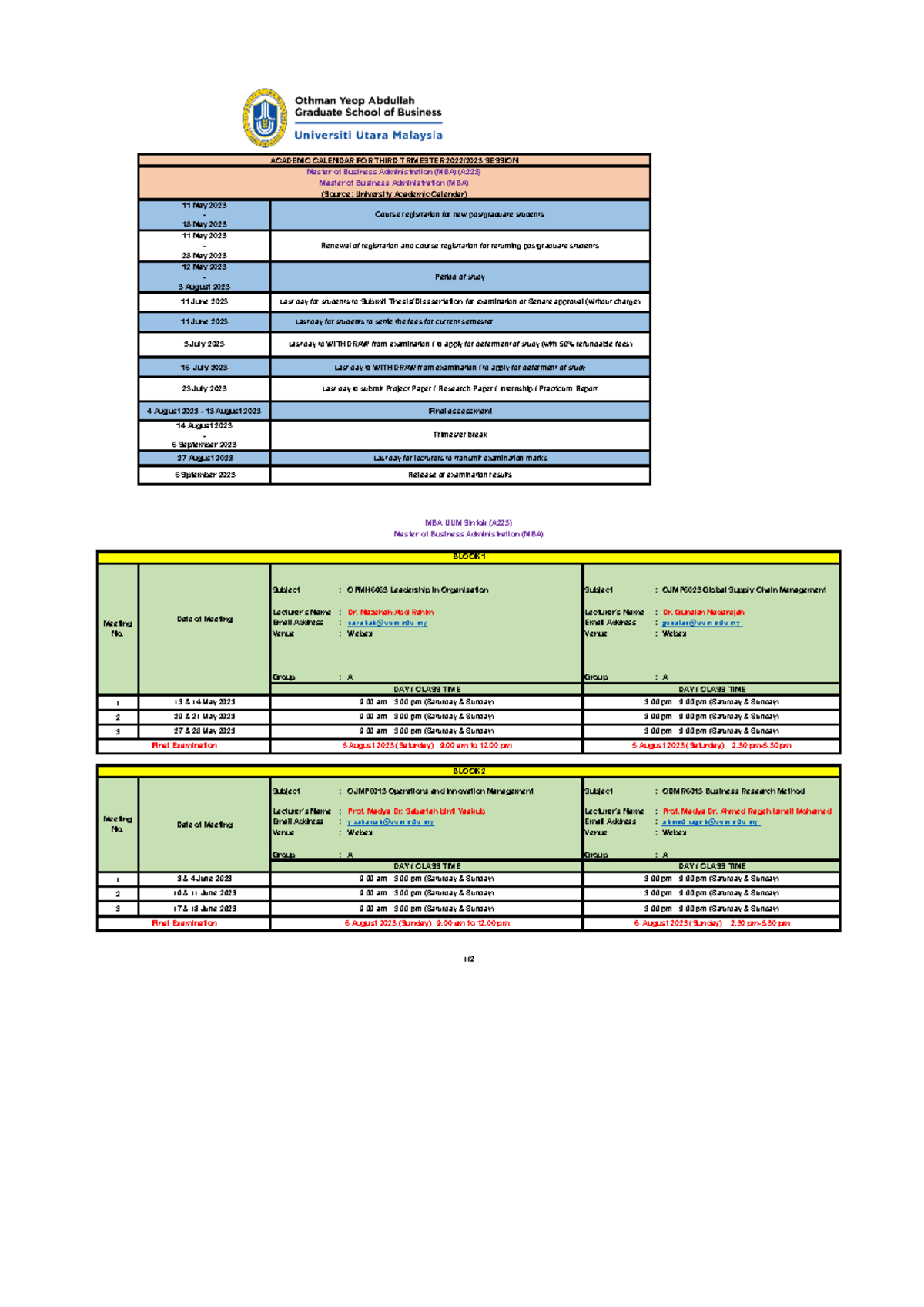 MBA Sintok Class Timetable and Important Dates for A223 - Studocu