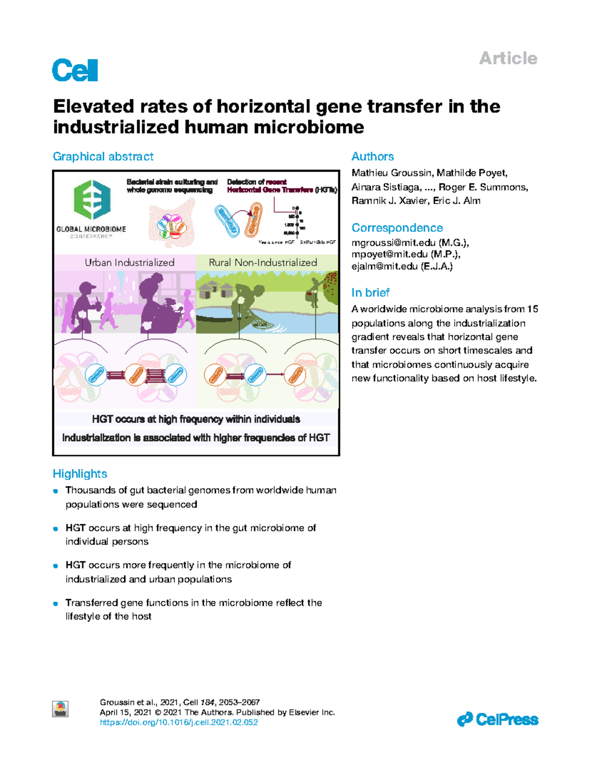 Elevated HGT Rates in Industrialized Human Microbiomes: Insights and ...