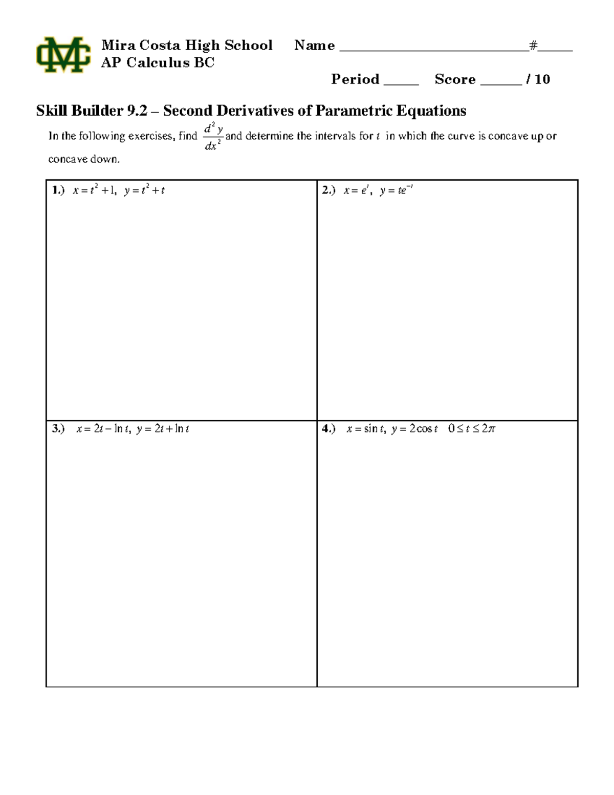 AP Calculus BC Skill Builder 9.2: Second Derivatives of Parametric ...