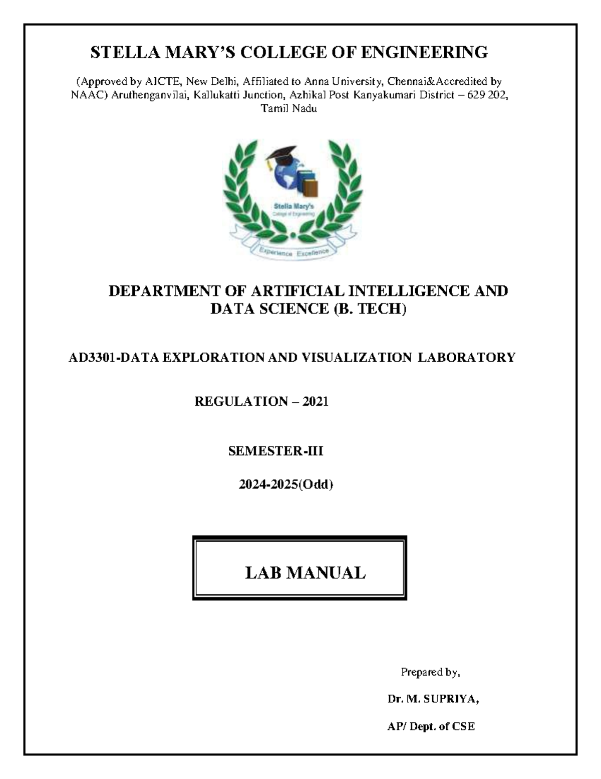 AD3301 - Data Exploration & Visualization Lab Manual (2024-2025) - Studocu