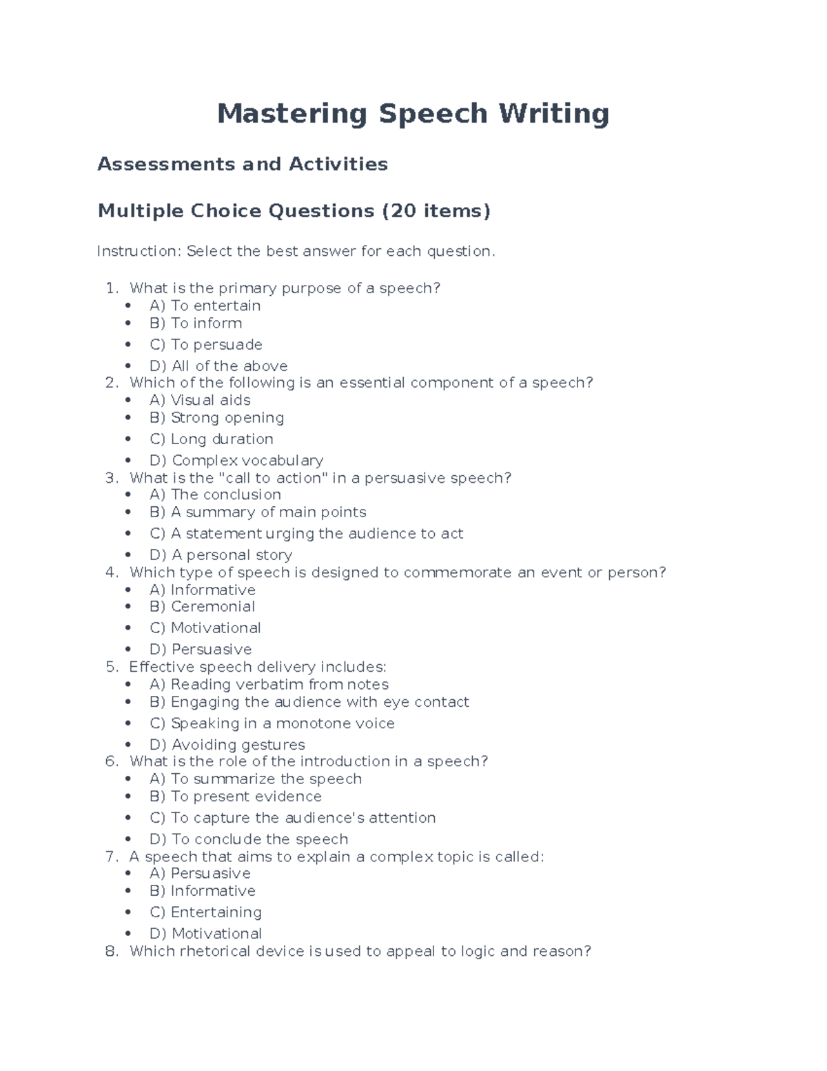 Mastering Speech Writing: MCQs, Enumeration, and Essay Questions (20 ...