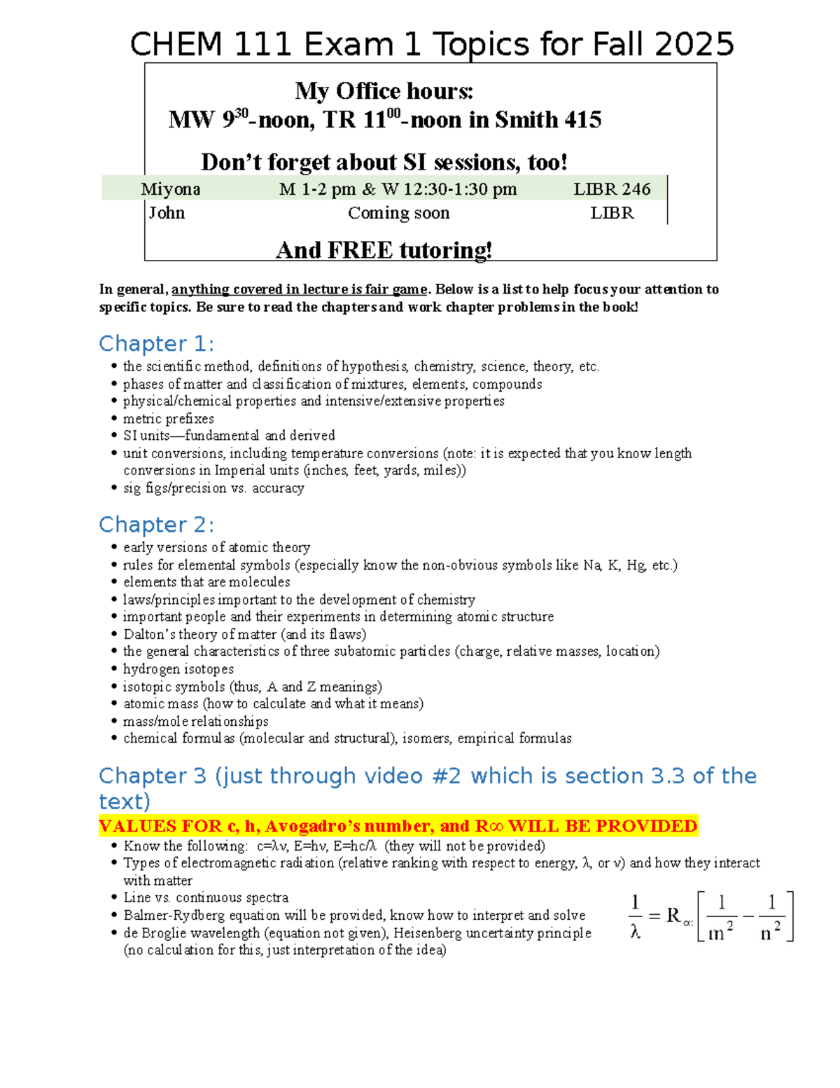 CHEM 111 Exam 1 Study Guide for Fall 2025 - Studocu