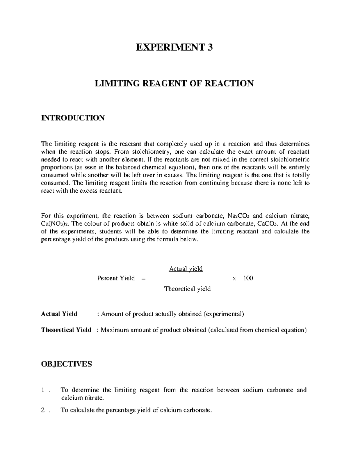 lab report Experiment 3 - Limiting Reagent OF Reaction - EXPERIMENT 3 ...