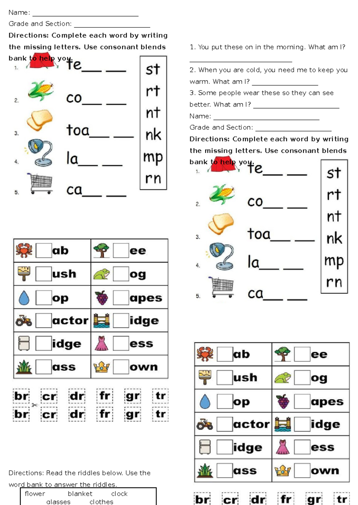 Consonant blends - flower blanket clock glasses clothes Name