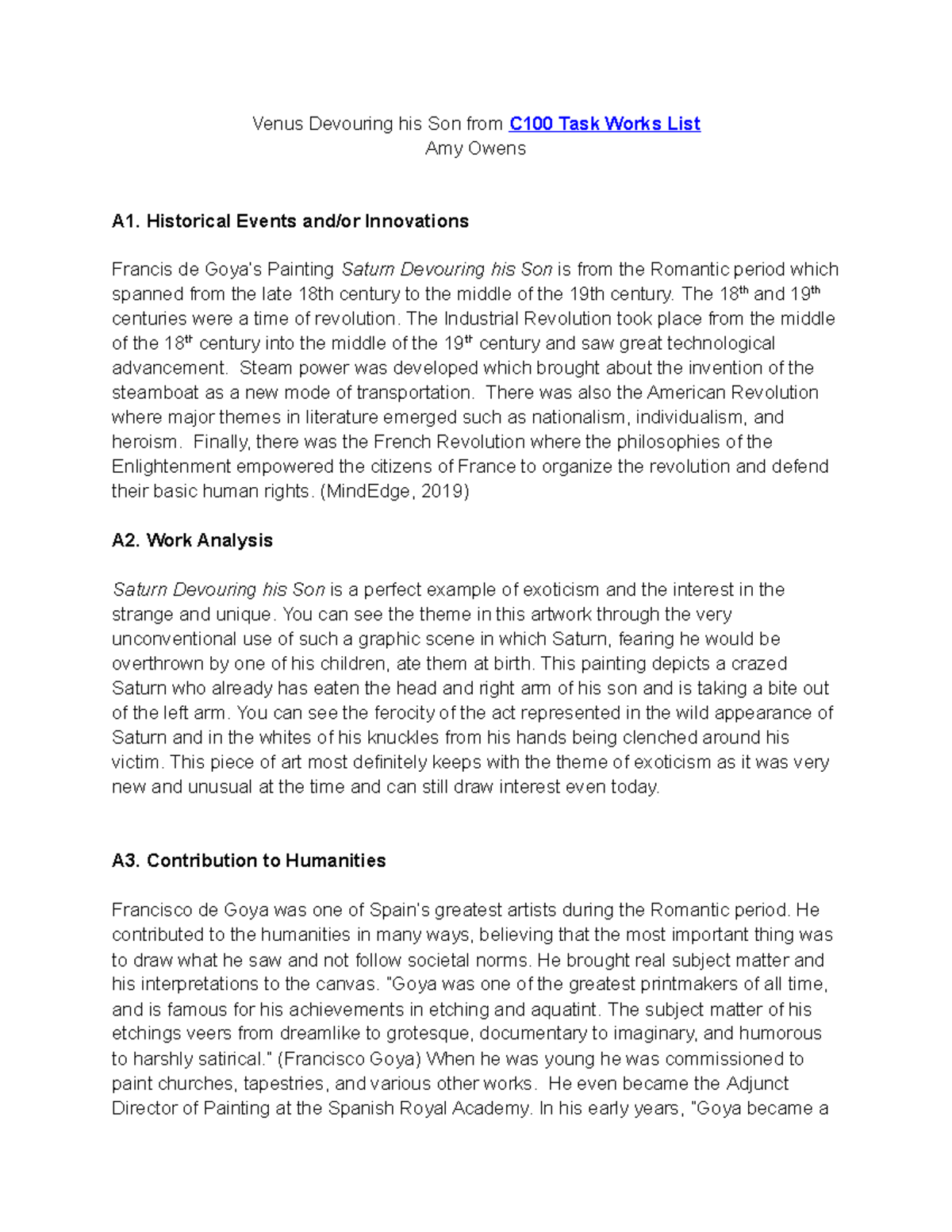 PA Intro to Humanities - Grade: Pass - Venus Devouring his Son from ...