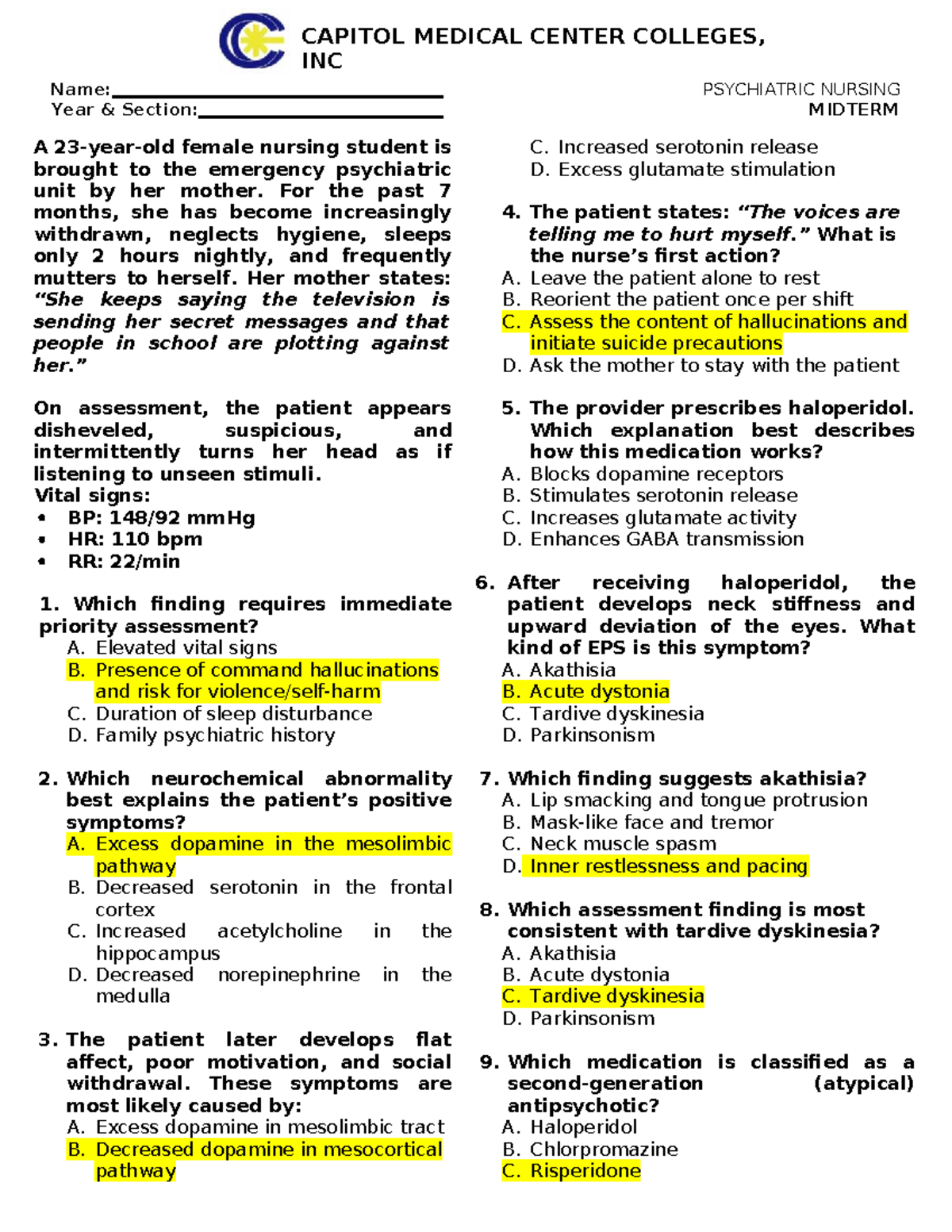 PSYCHIATRIC NURSING MIDTERM Exam Review - CAPITOL MEDICAL CENTER - Studocu