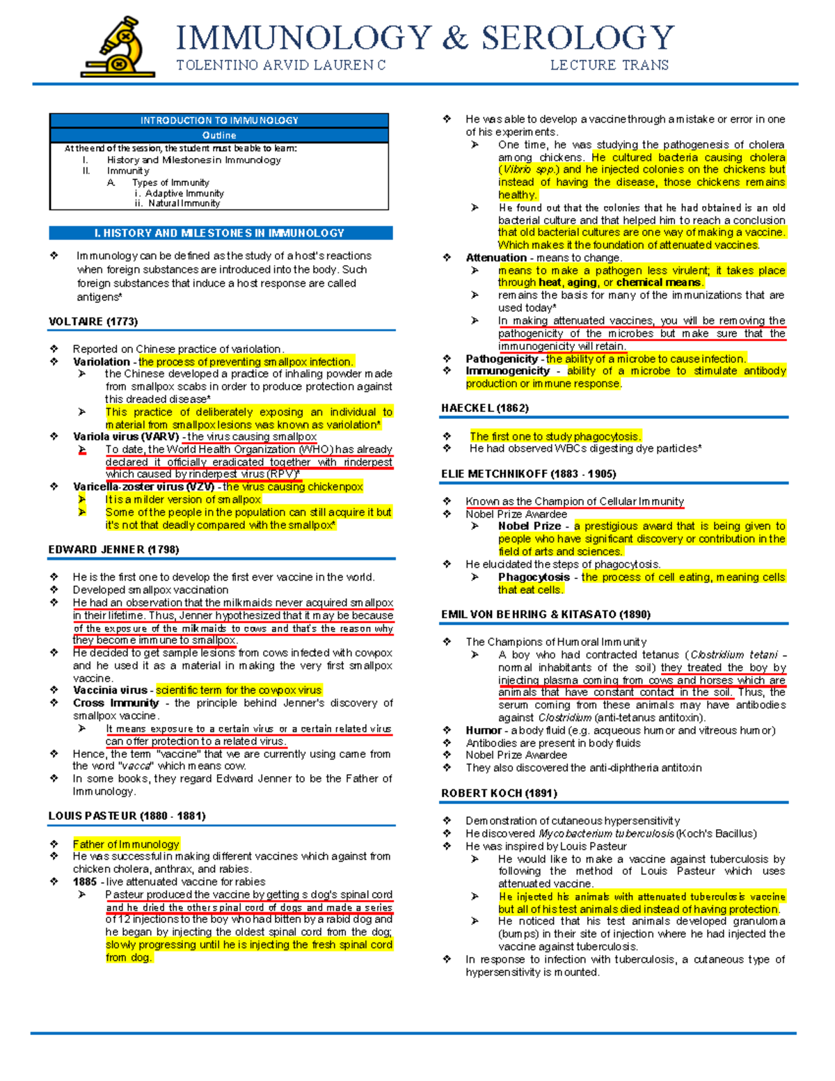 IMMUNOLOGY LECTURE NOTES (IMMUNOLOGY 101) - TOLENTINO ARVID LAUREN ...