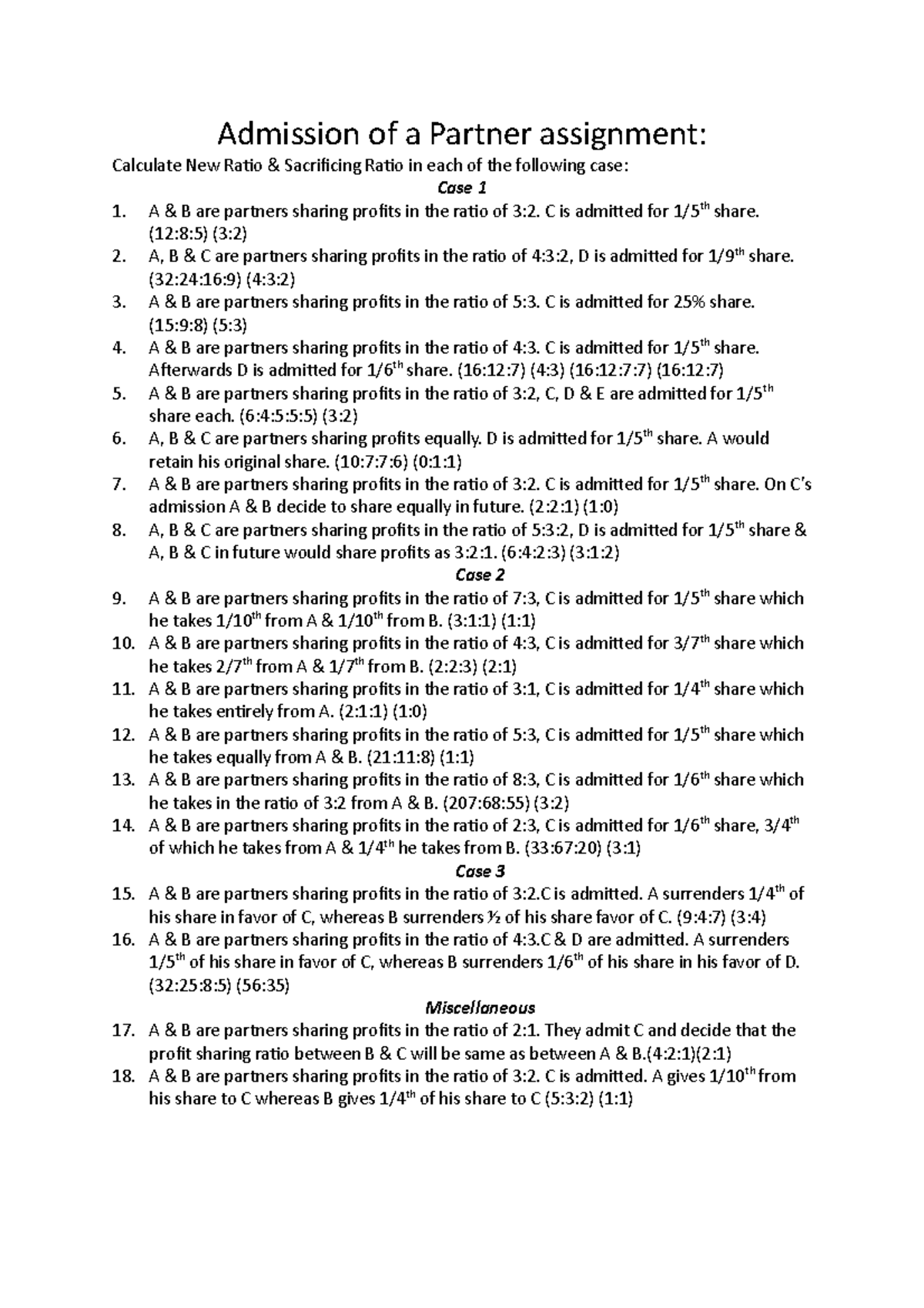 Admission of a Partner Calculation Assignment: Ratios & Case Studies ...