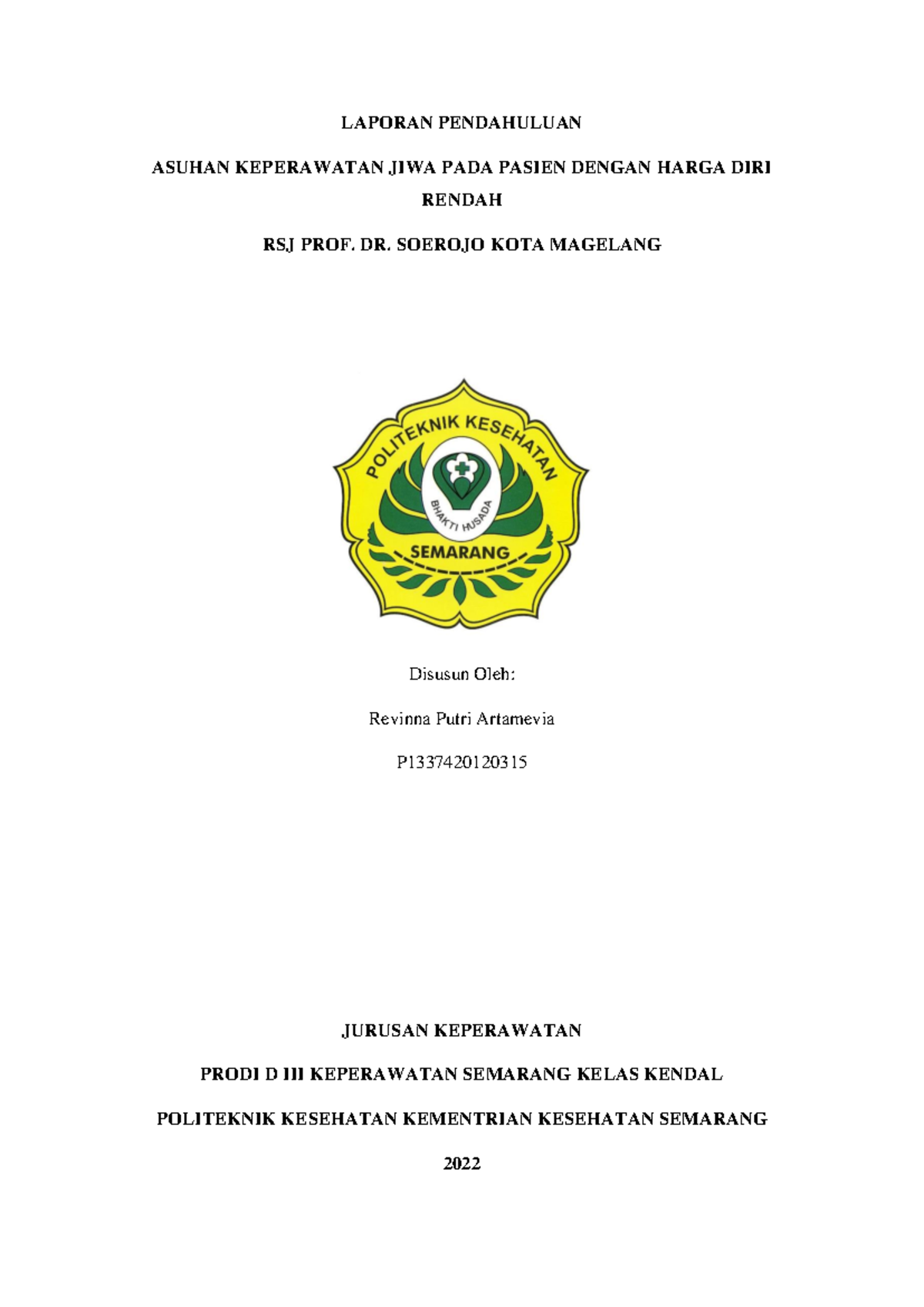 Laporan Asuhan Keperawatan Jiwa: Harga Diri Rendah pada Pasien - Studocu