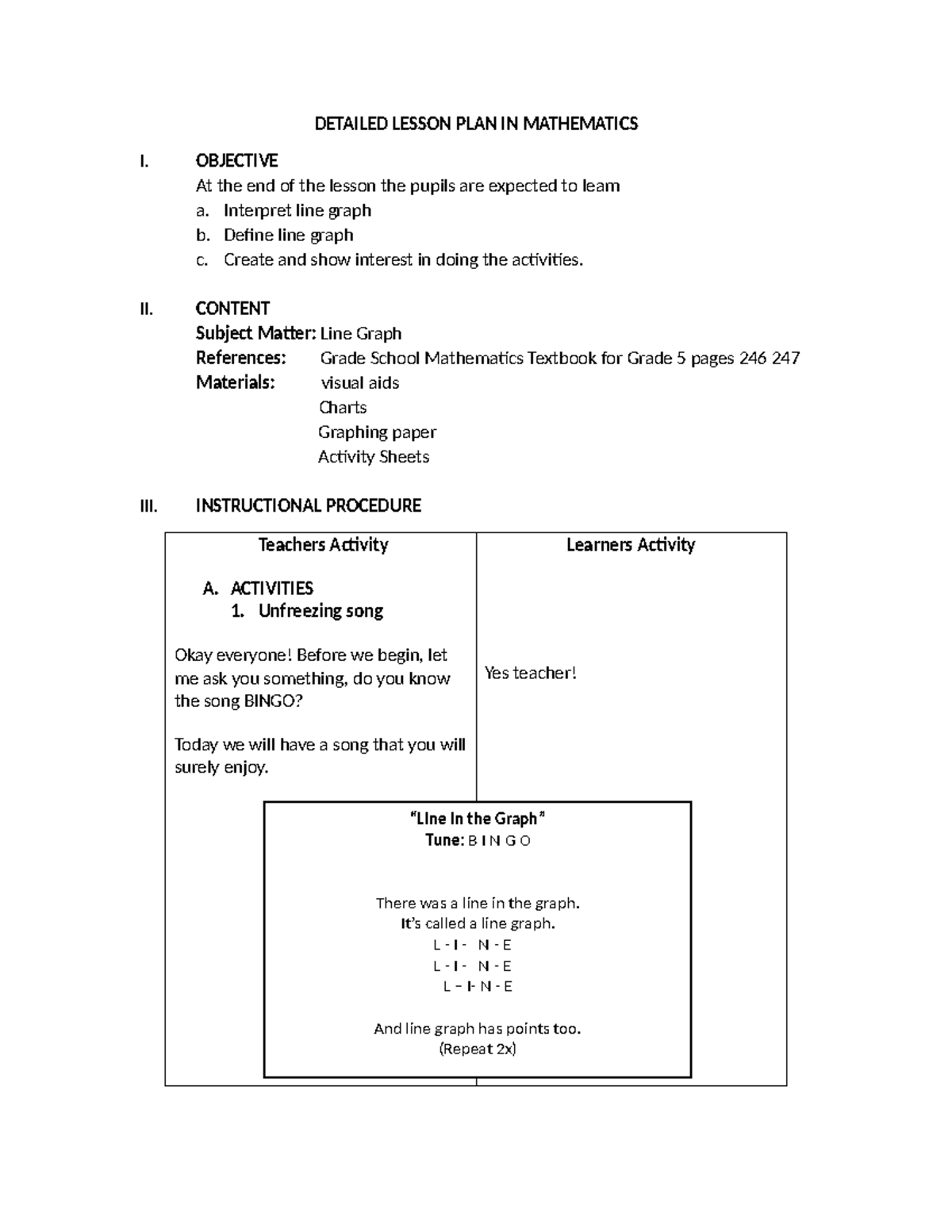 Line Graph Lesson Plan (LP) for Grade 5 Mathematics - Studocu