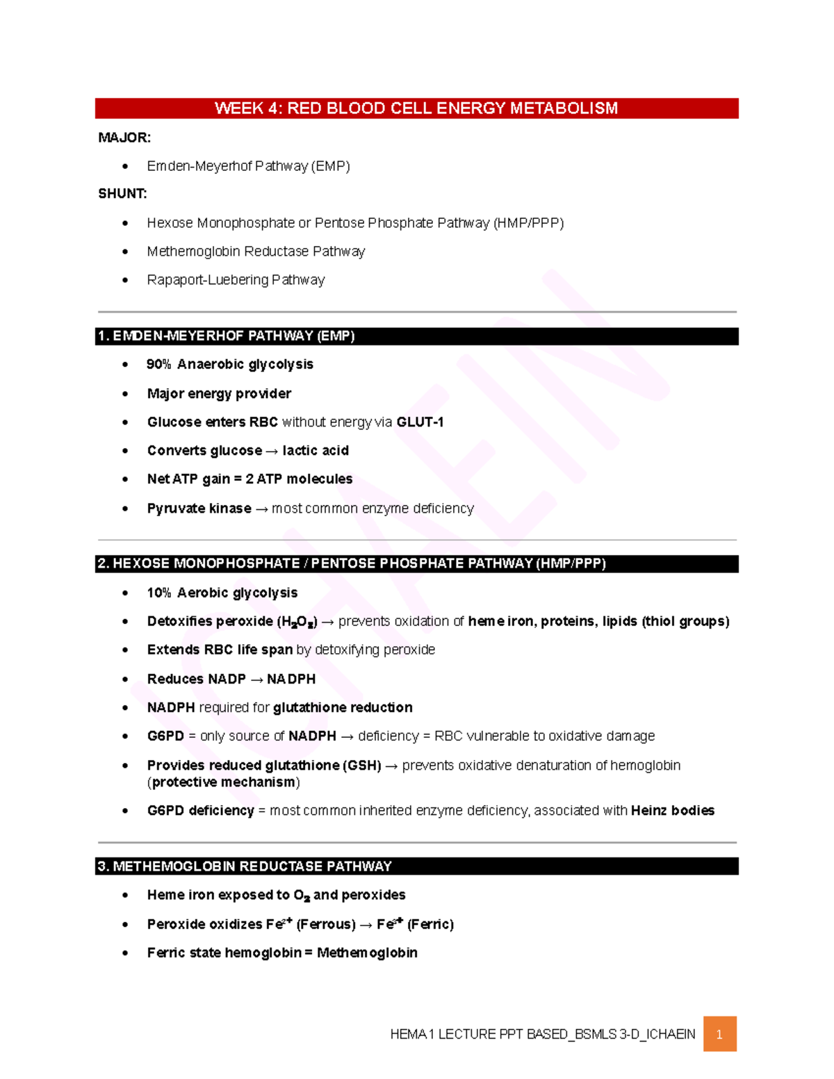 HEMA 1 LECTURE: Red Blood Cell Energy Metabolism Pathways - Studocu