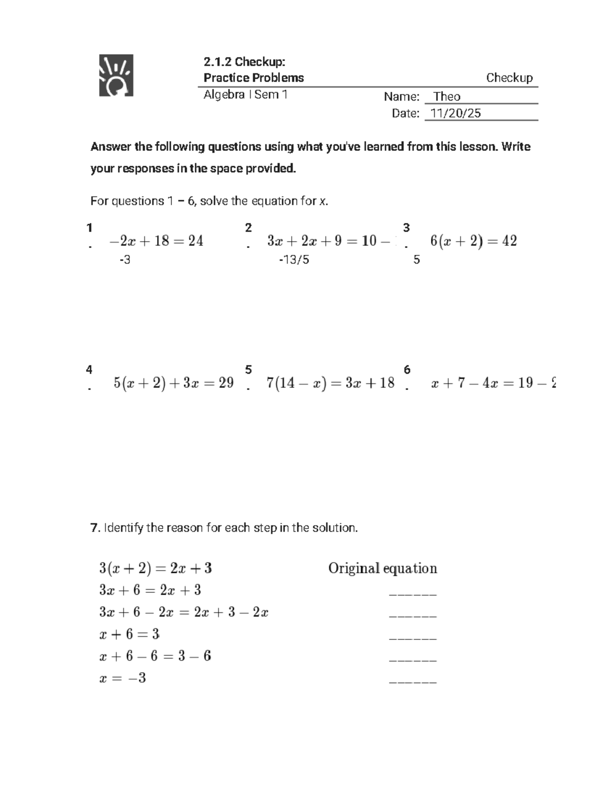 2.1.2 Checkup: Algebra I Semester 1 Practice Problems - Studocu