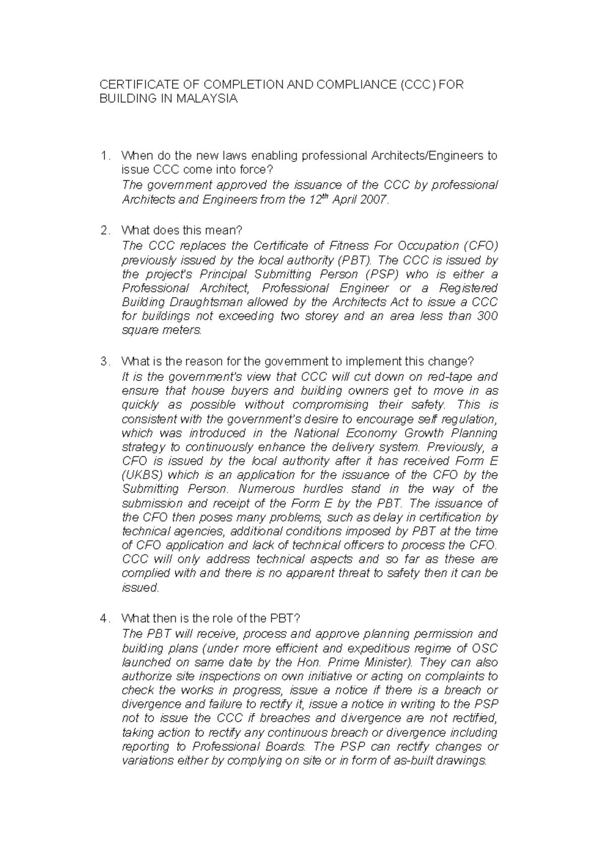 Certificate of Completion and Compliance (CCC) for Buildings in ...