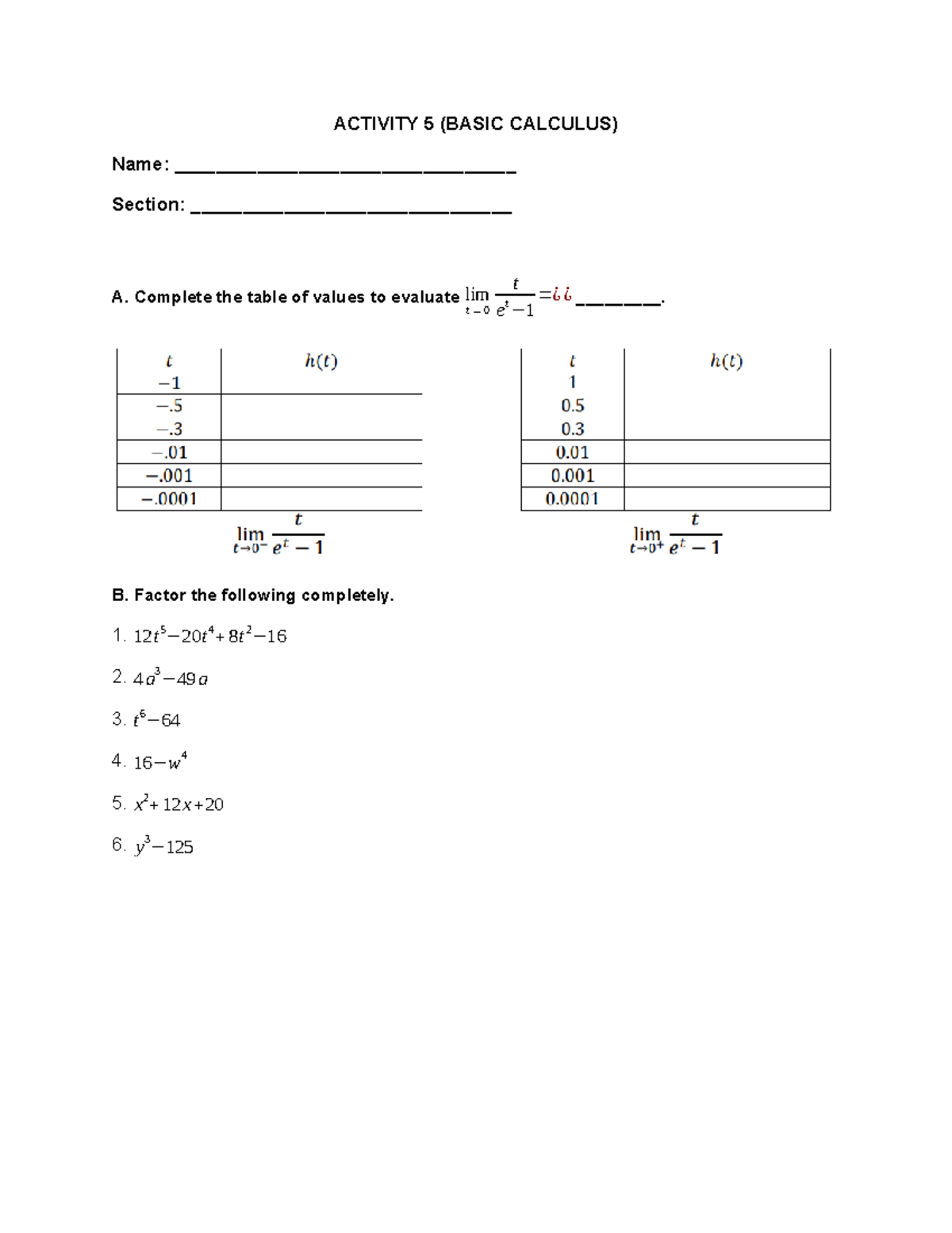 Activity 6 - Basic Calculus - Bachelor of Secondary Education ...