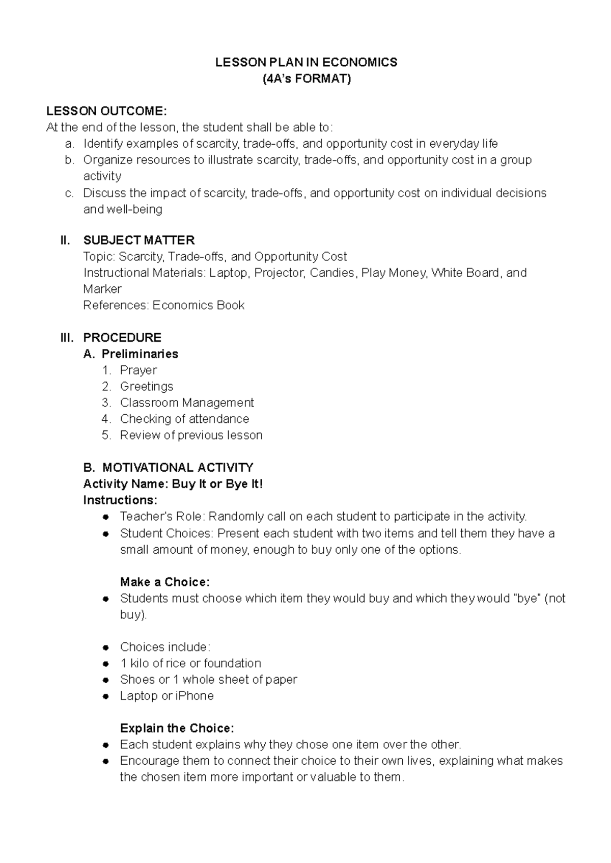 LESSON PLAN IN ECONOMICS: SCARCITY & OPPORTUNITY COST - Studocu