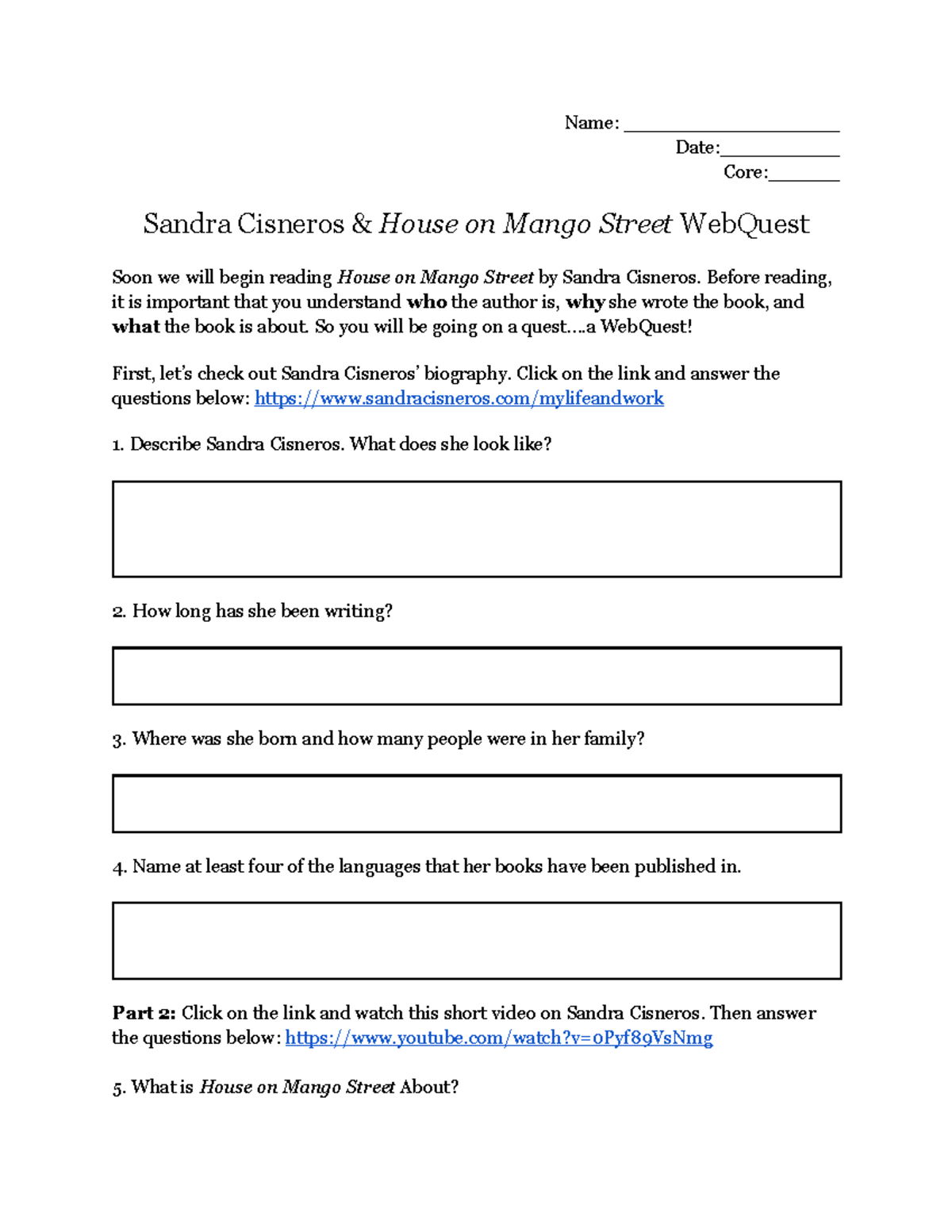House on Mango Street WebQuest: Exploring Sandra Cisneros - Studocu