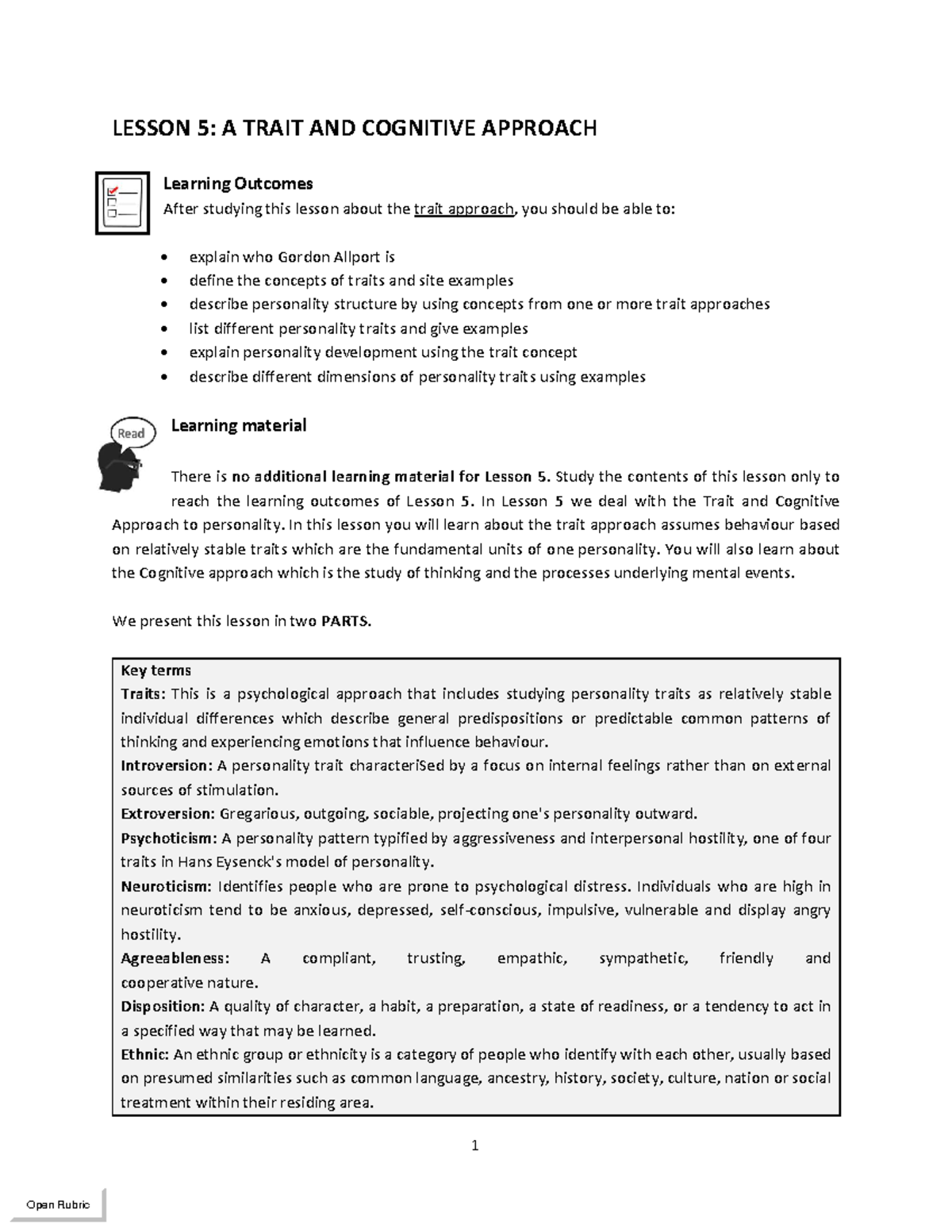 IOP1601 Lesson 5: Trait and Cognitive Approaches Summary - Studocu