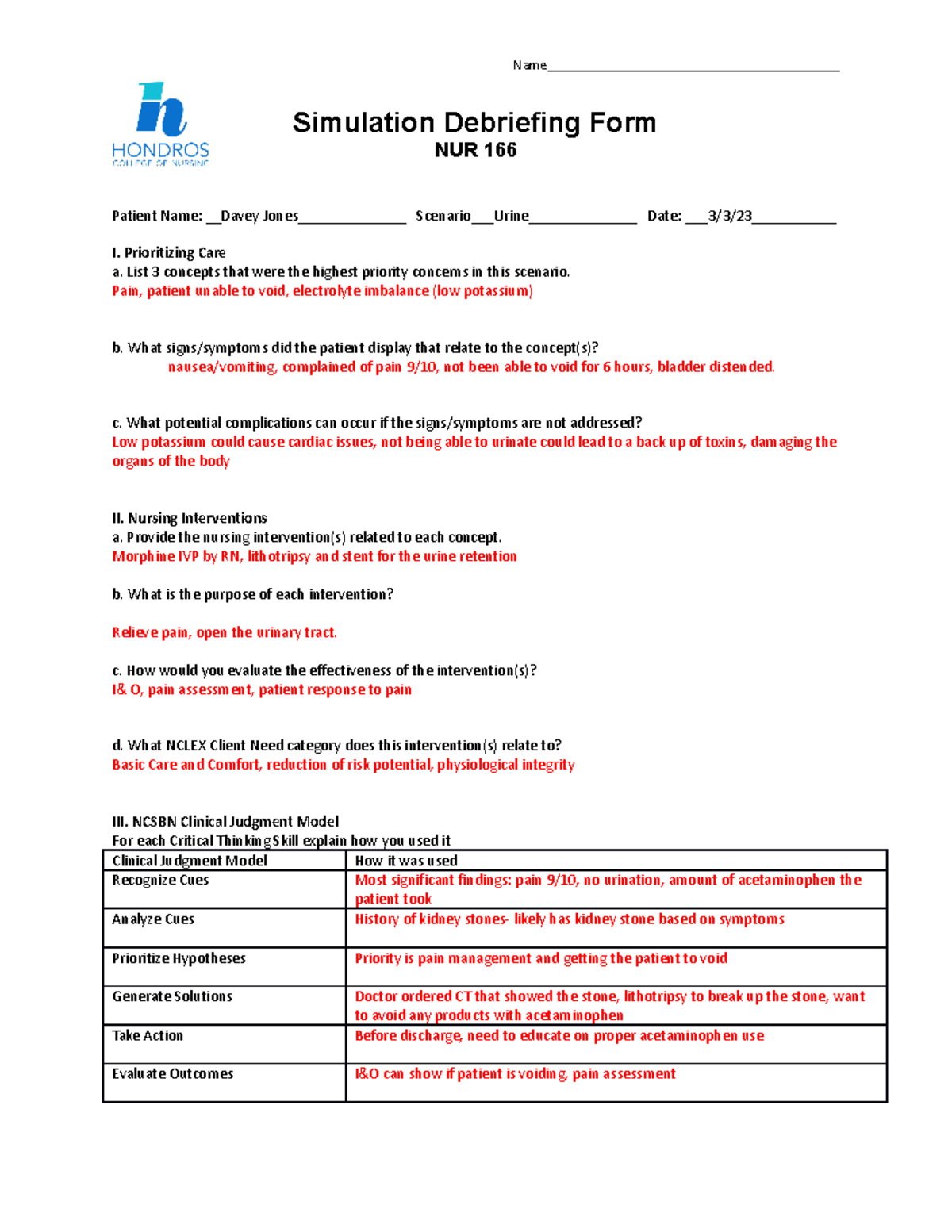 NUR 166 Simulation Debriefing Form: Patient Care Prioritization ...