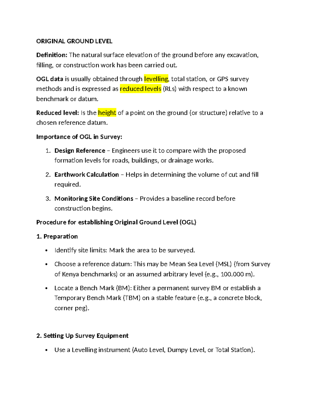 Original Ground Level (OGL) Survey Notes and Procedures - Studocu