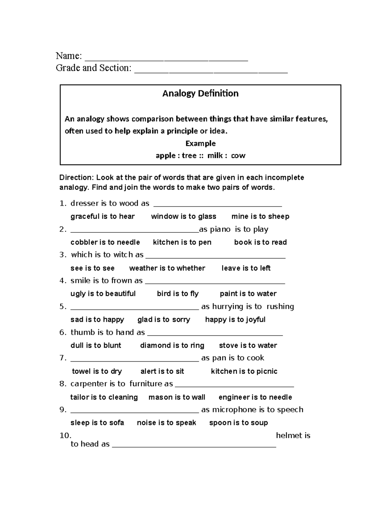 Finding Analogies Worksheet: Understanding Comparisons - Studocu
