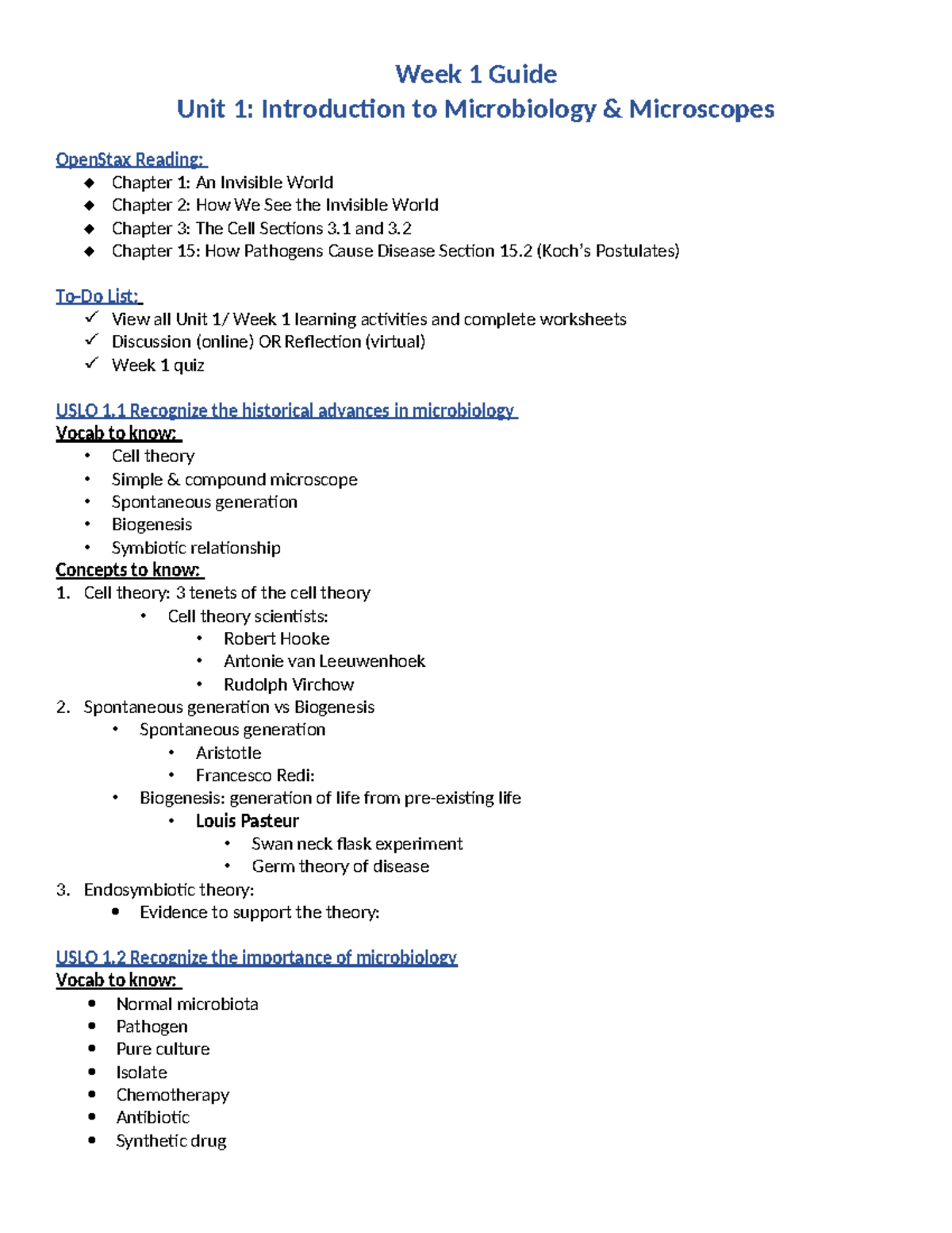 Week 1 Guide: Intro to Microbiology & Key Concepts (2024-1-1) - Studocu