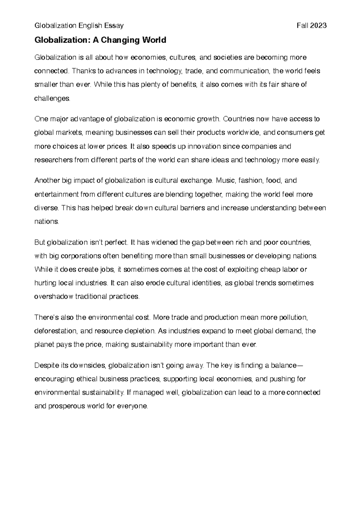 Globalization - fall 2023 - Globalization English Essay Fall 2023 ...