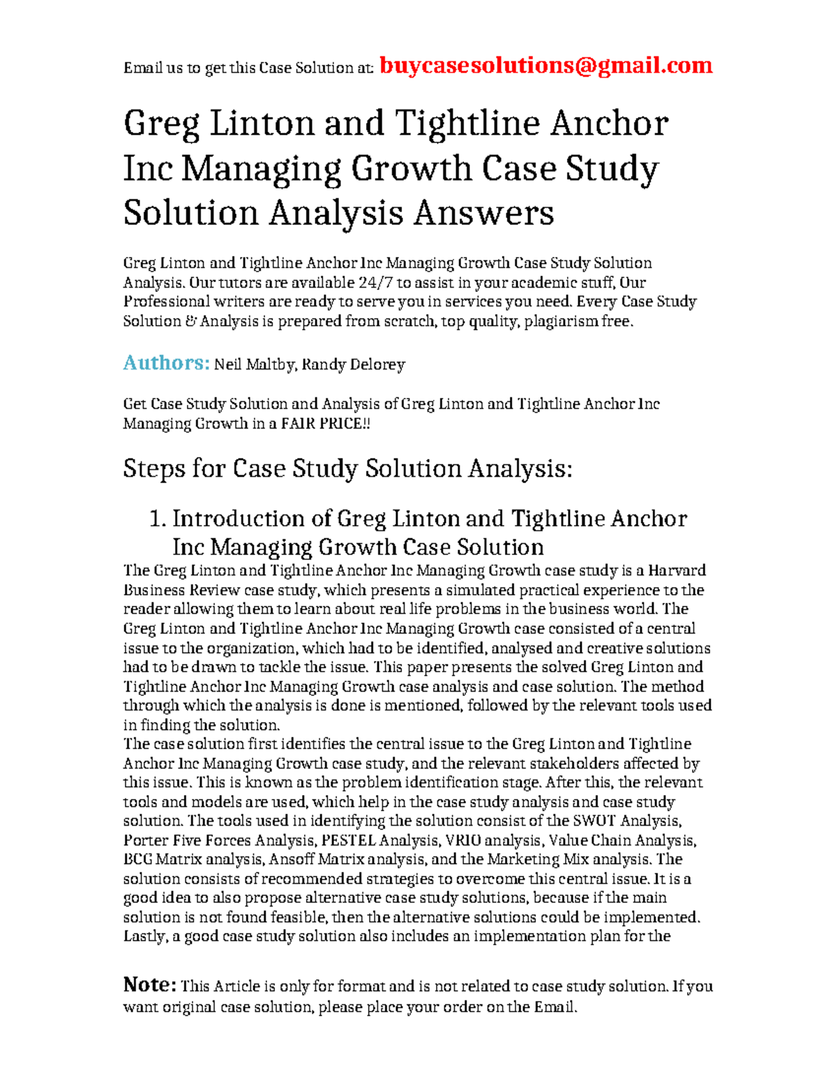 Case Solution Greg Linton and Tightline Anchor Inc Managing Growth ...