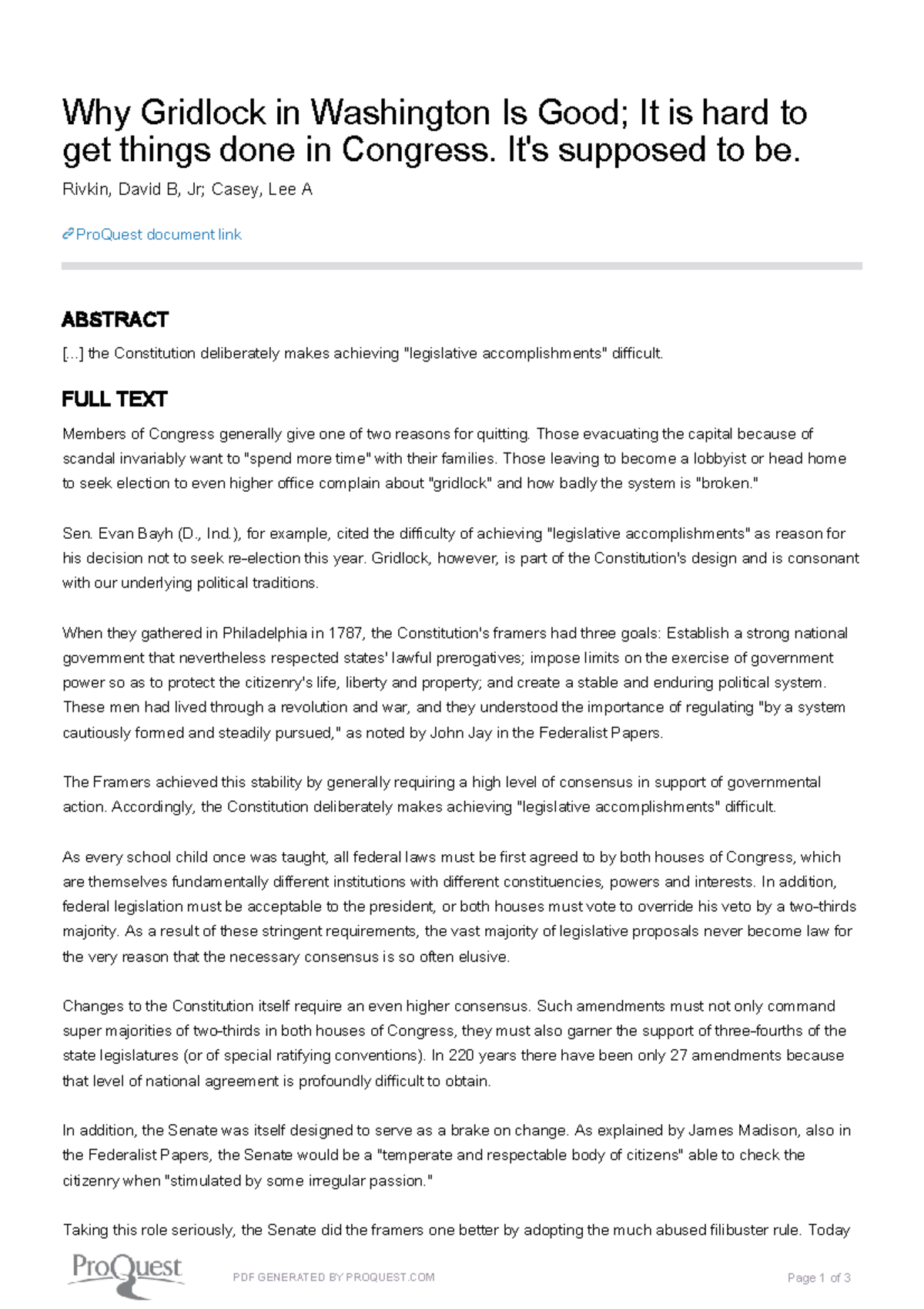Understanding Legislative Gridlock in Washington: A Constitutional ...