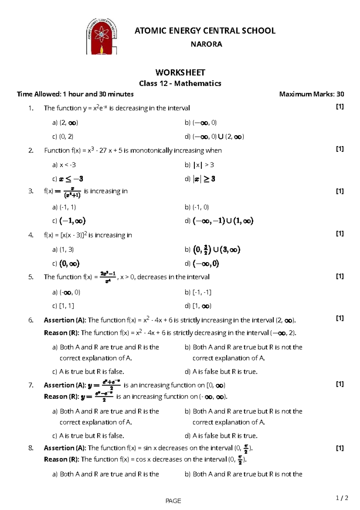 ATOMIC ENERGY CENTRAL SCHOOL NARORA Class 12 Maths Worksheet - Studocu