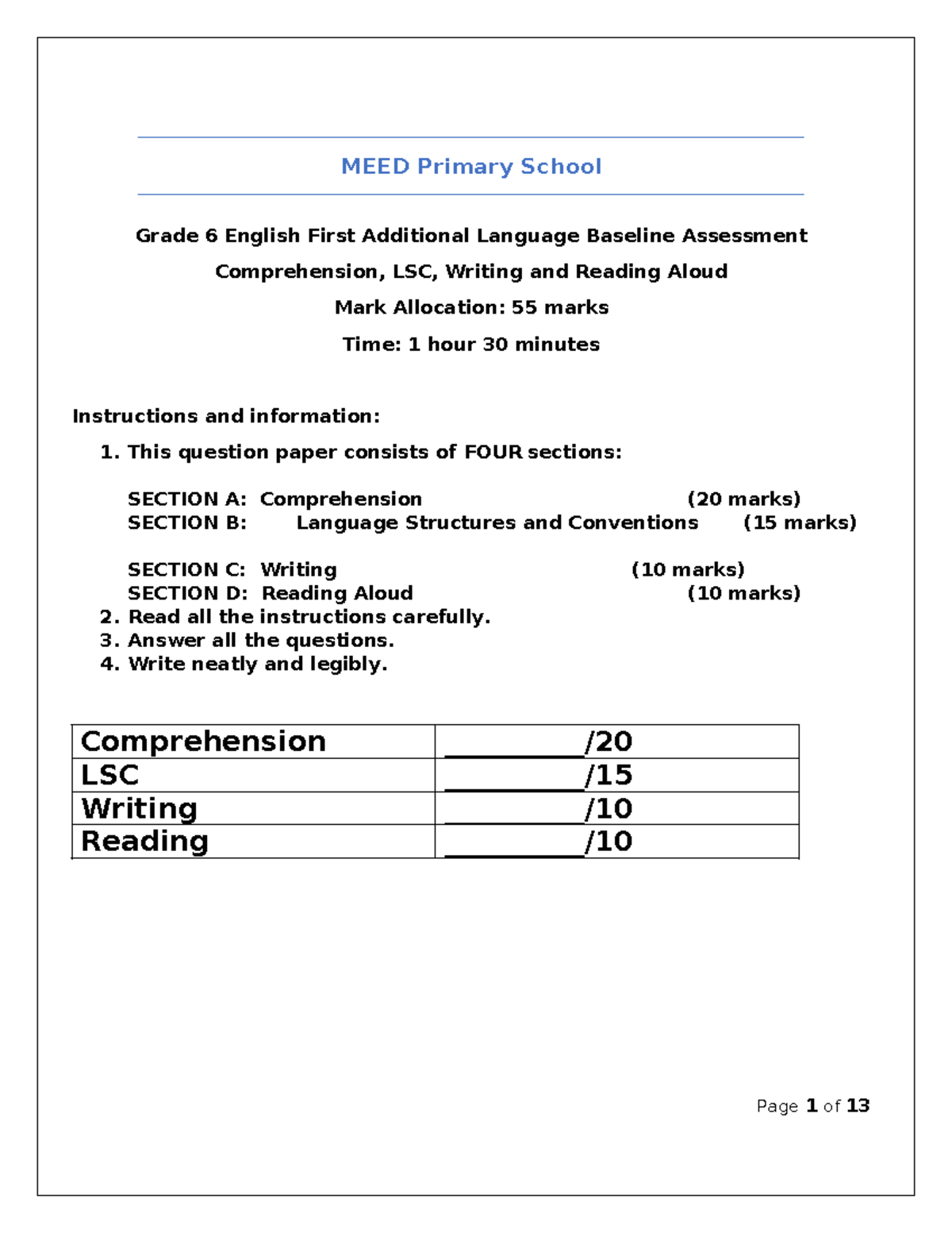 Grade 6 FAL Baseline Assessment: Comprehension, Writing & Reading - Studocu