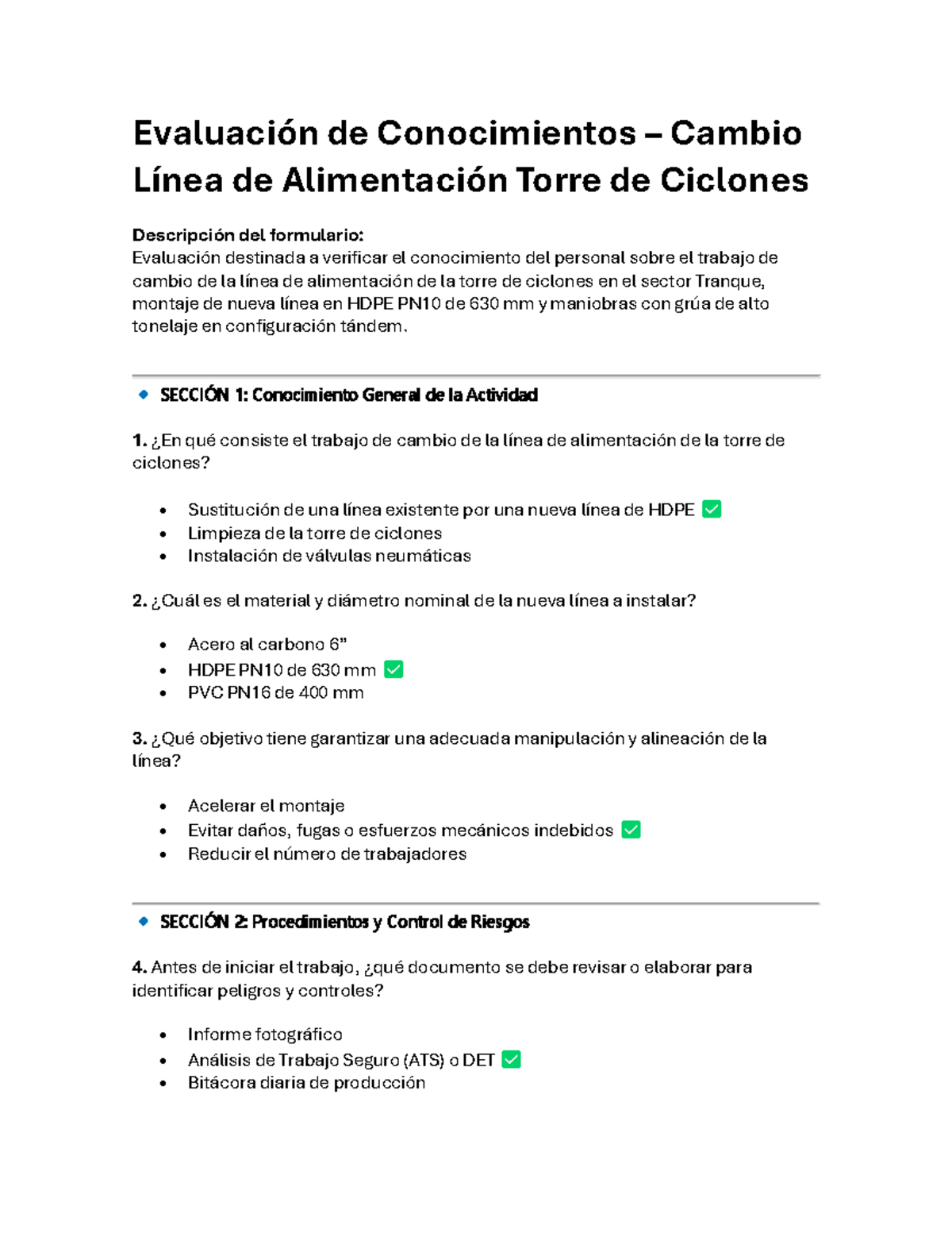 Evaluación de Conocimientos: Cambio Línea Alimentación y Válvula Torre ...
