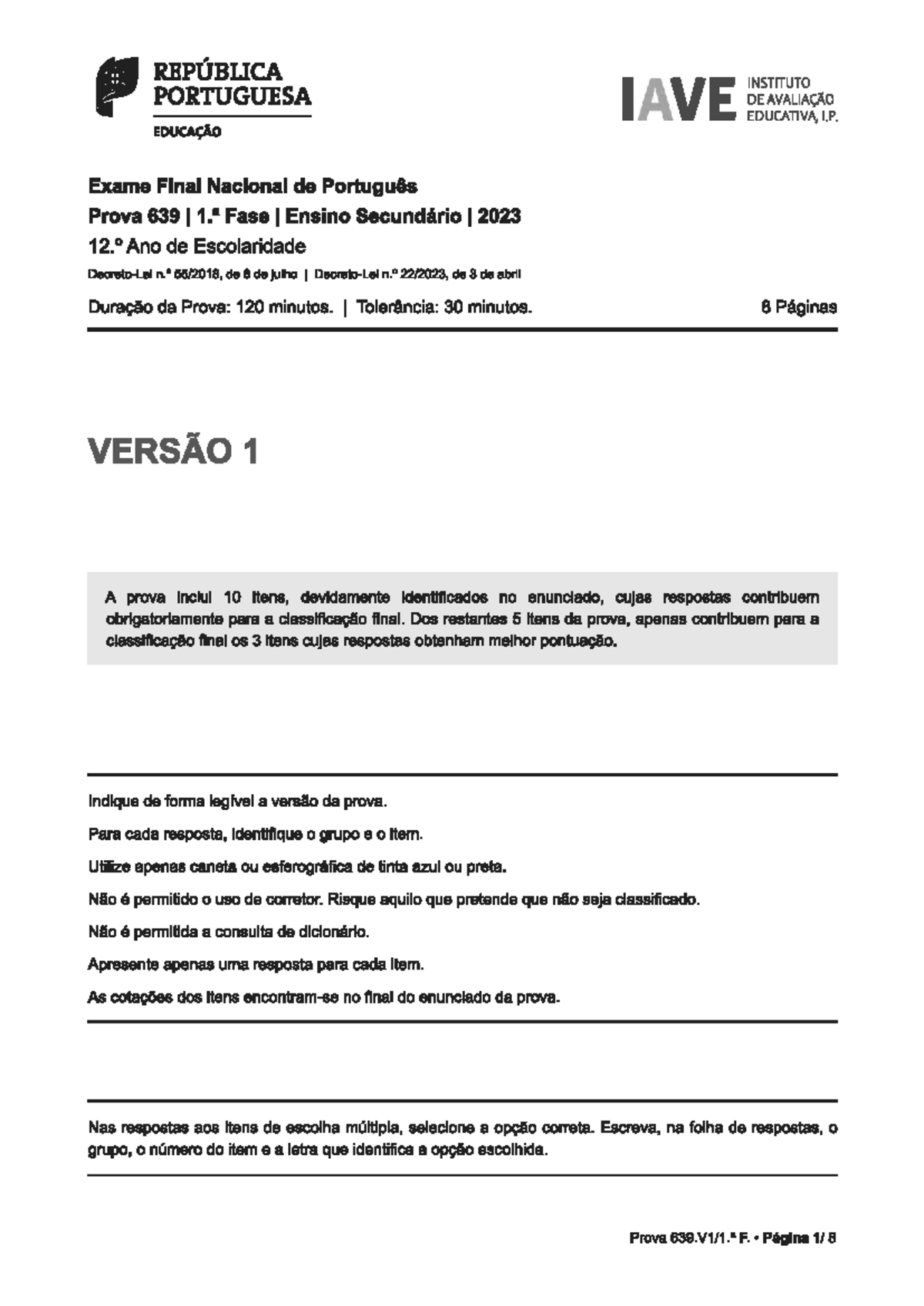 Exame Final Nacional de Português 639 - 1.ª Fase 2023 - Studocu