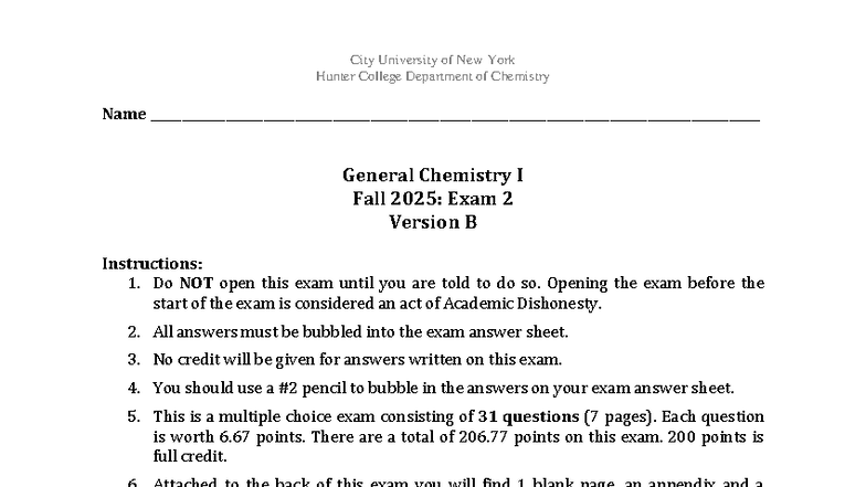 GenChem I F25: Practice Exam 2B - Fall 2025 - Studocu