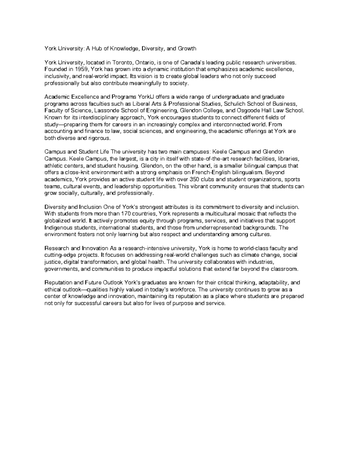 York University Essay: A Hub of Knowledge and Diversity - Studocu