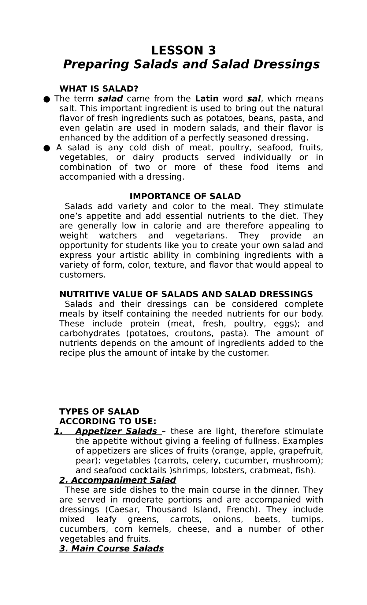 TLE9(Preparing Salad) - LESSON 3 Preparing Salads and Salad Dressings ...