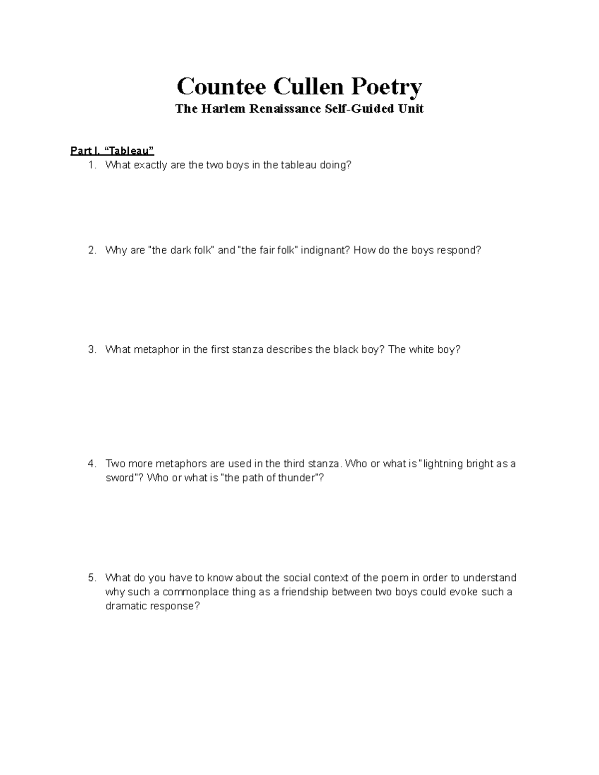 Countee Cullen Poetry Questions - Harlem Renaissance Unit Analysis ...
