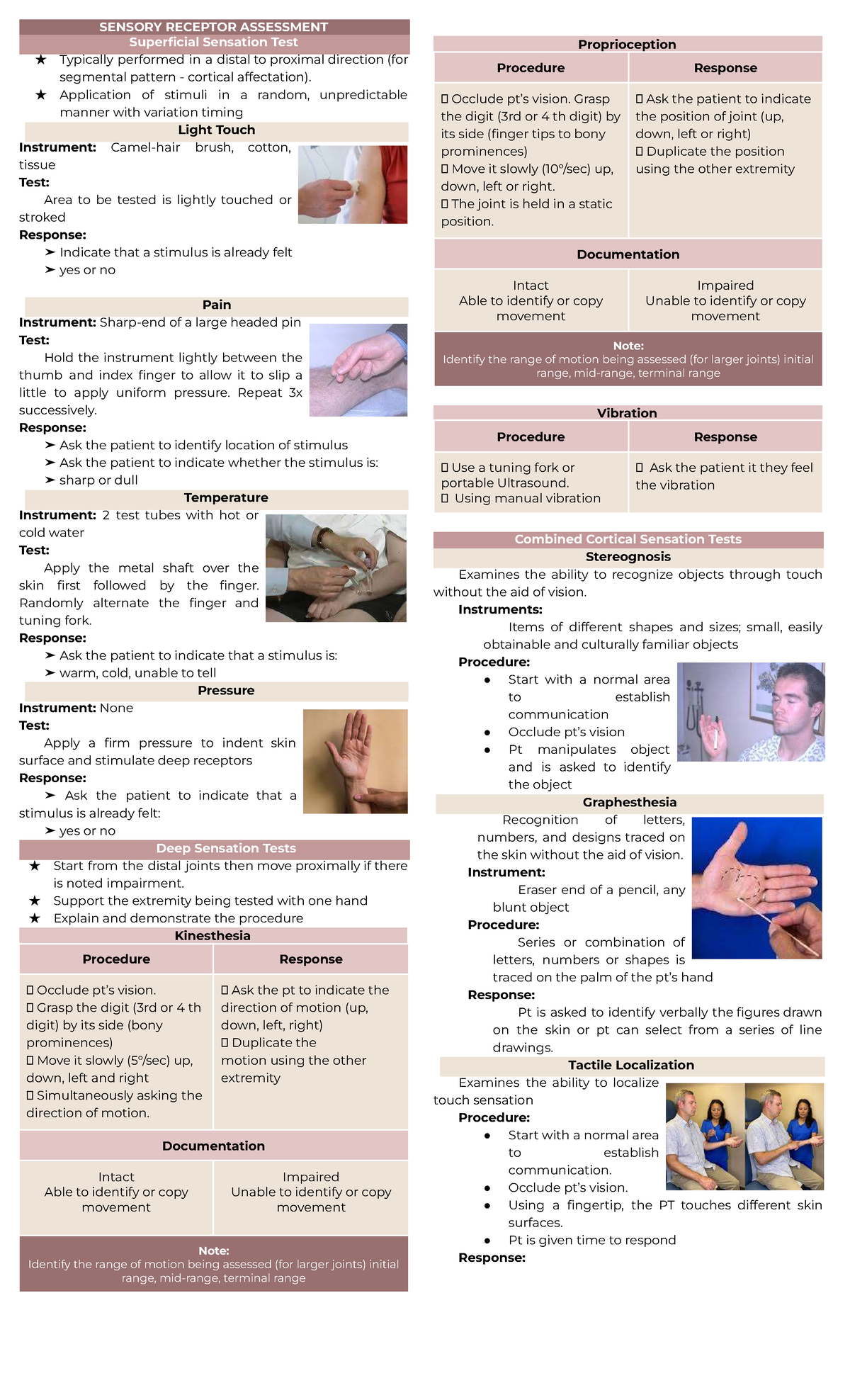 SENSORY RECEPTOR ASSESSMENT: Superficial & Deep Sensation Tests Notes ...